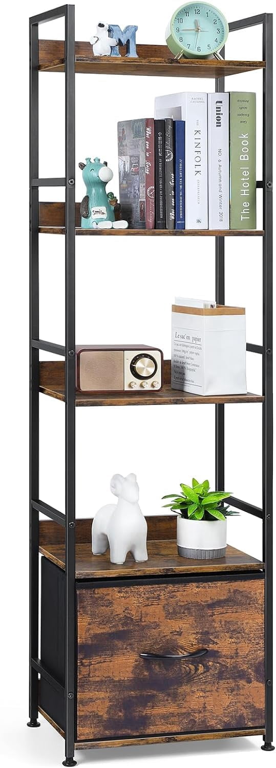 5-Tier Bookshelf Removable Fabric Drawer Tall Narrow Industrial ...