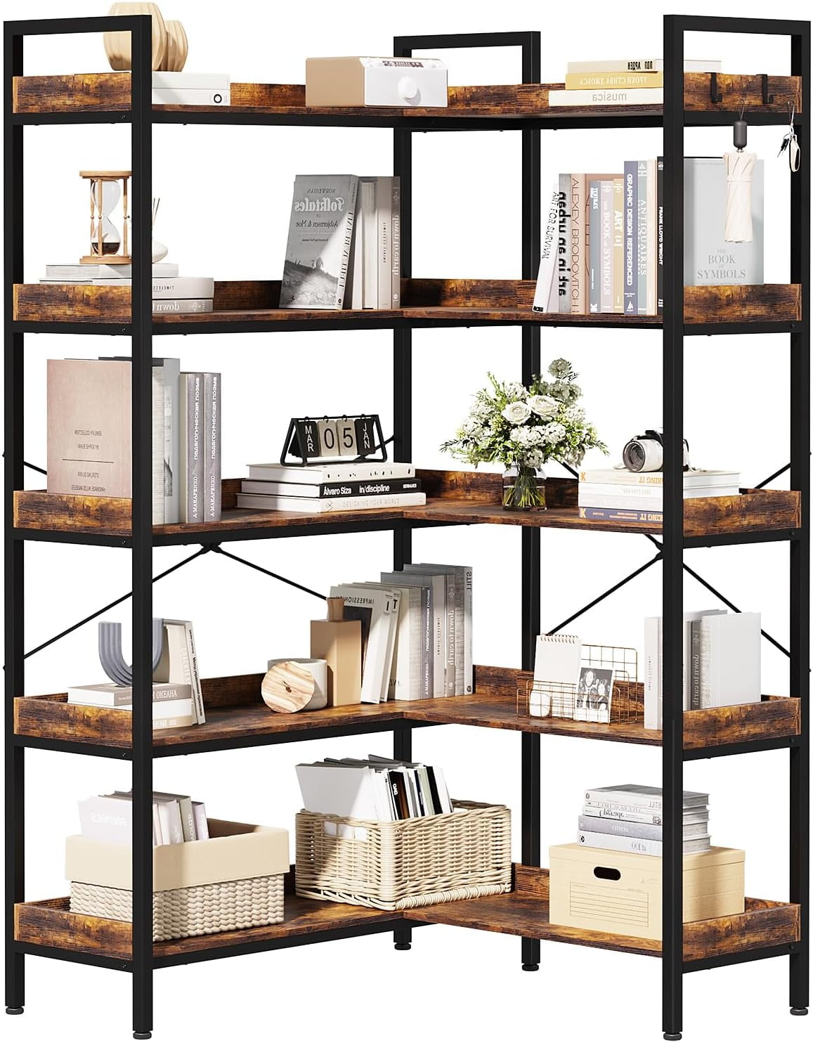 5-Tier Bookshelf Reversible,Corner Bookcase 4 Hooks,65" Indrial Wooden ...