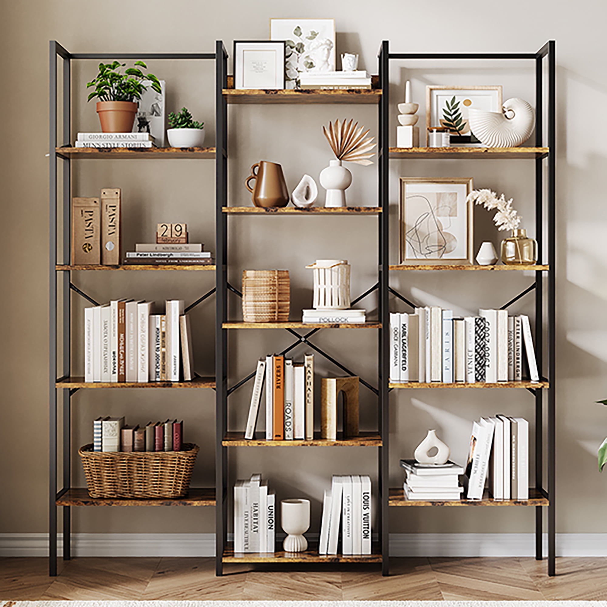 5-Tier Bookshelf, Rustic Industrial Bookcase with Frame, Modern Wide ...