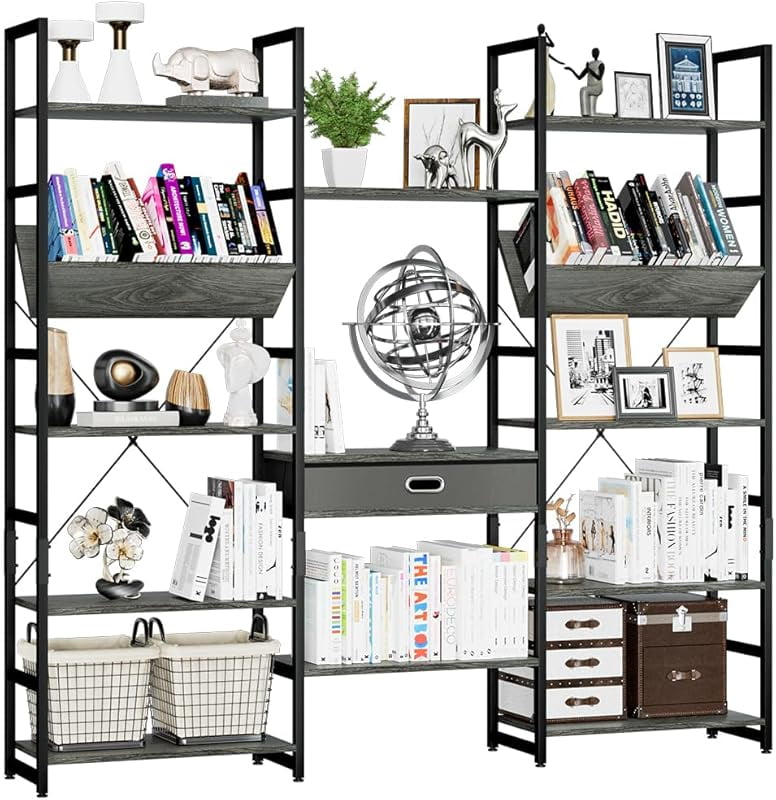 5 Tier Bookshelf, Rustic Industrial Style Bookcases with 14 Open ...