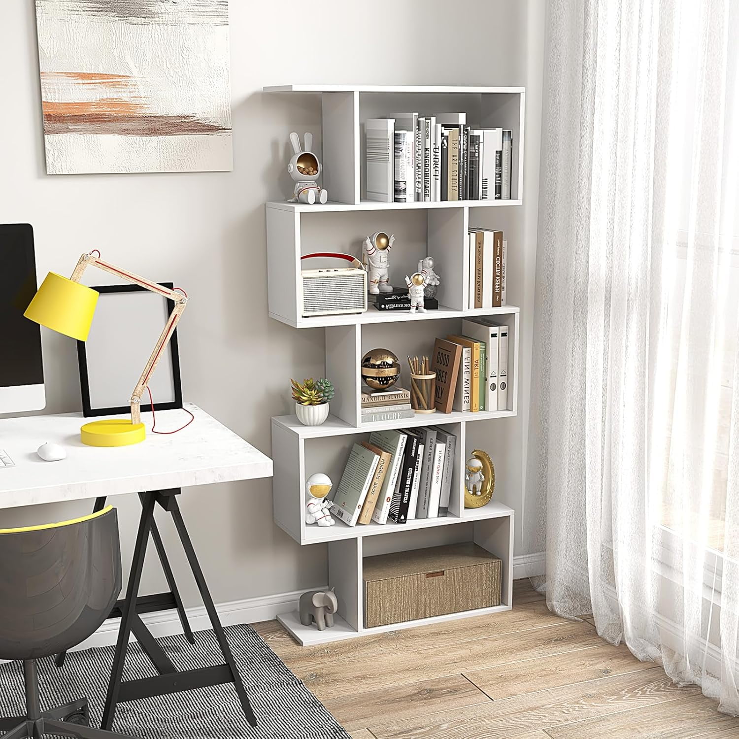 5 Tier Bookshelf, S Shaped Bookcase with Staggered Storage Shelves ...