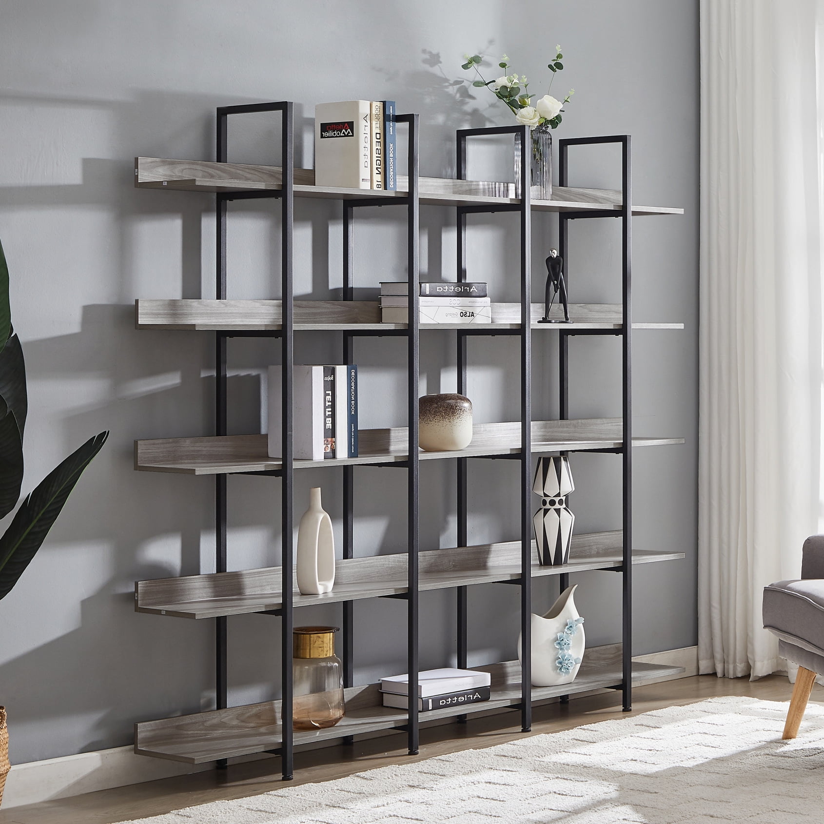 5-Tier Bookshelf with Smooth Surface and Wood Platform, Wood and Metal ...