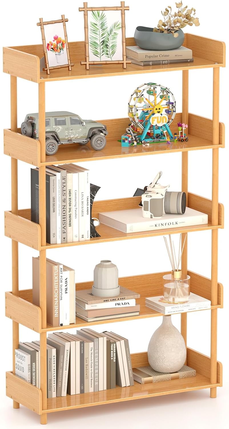 5-Tier Bookshelf, Solid Wood Bookshelf Tall Bookcase Modern Open ...
