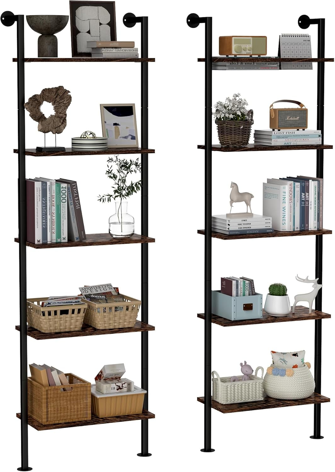 5-Tier Bookshelf Solid Wood Ladder Shelf, Narrow Book Shelf Set of 2 ...