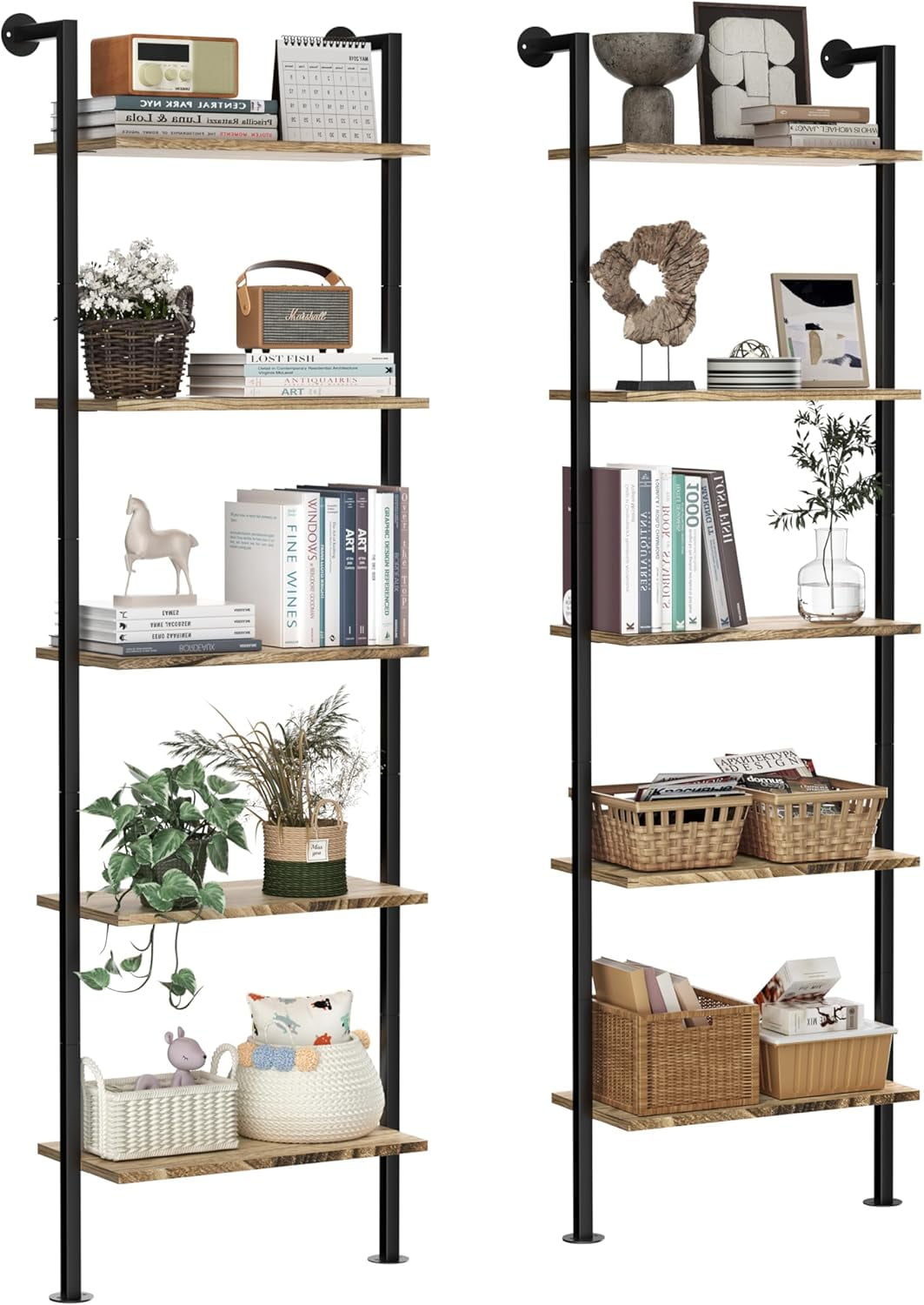 5-Tier Bookshelf Solid Wood Ladder Shelf, Narrow Book shelf Set of 2 ...