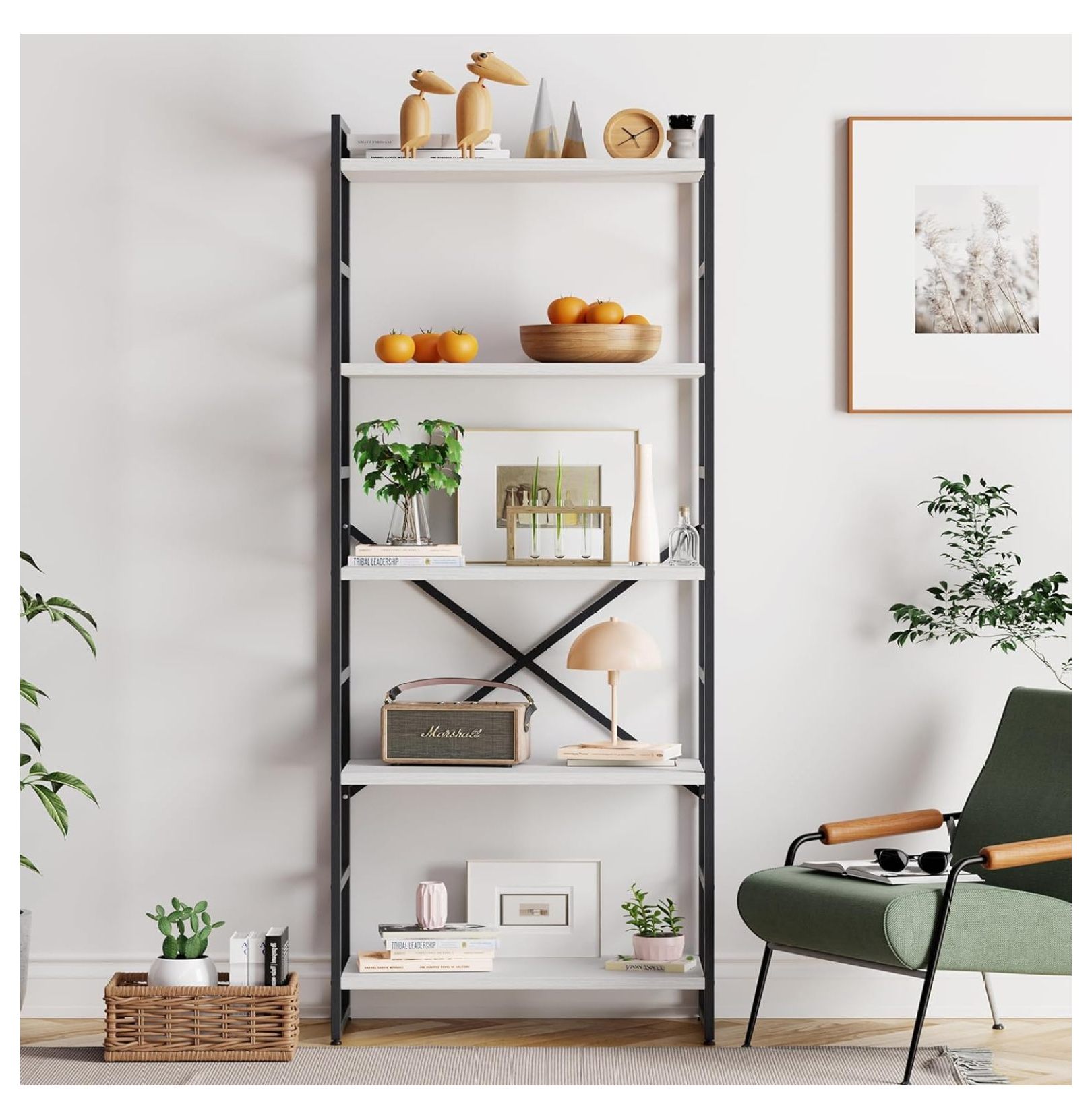 5 Tier Bookshelf, Standing Bookcase Organizer Farmhouse Kitchen Ladder ...