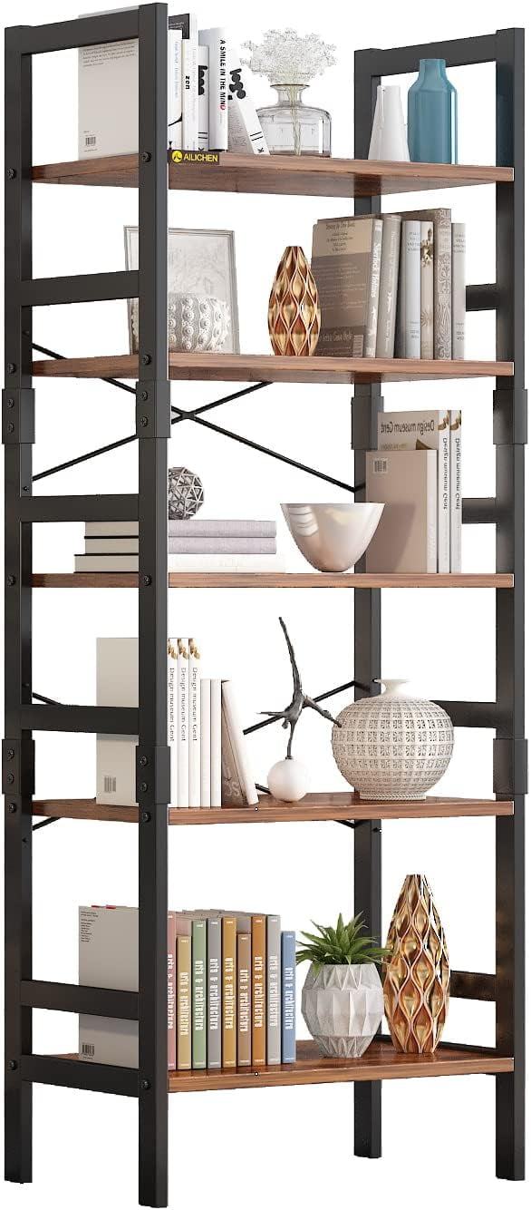 5 Tier Bookshelf, Storage Rack Shelves with Steel Frame, Tall Bookcase ...