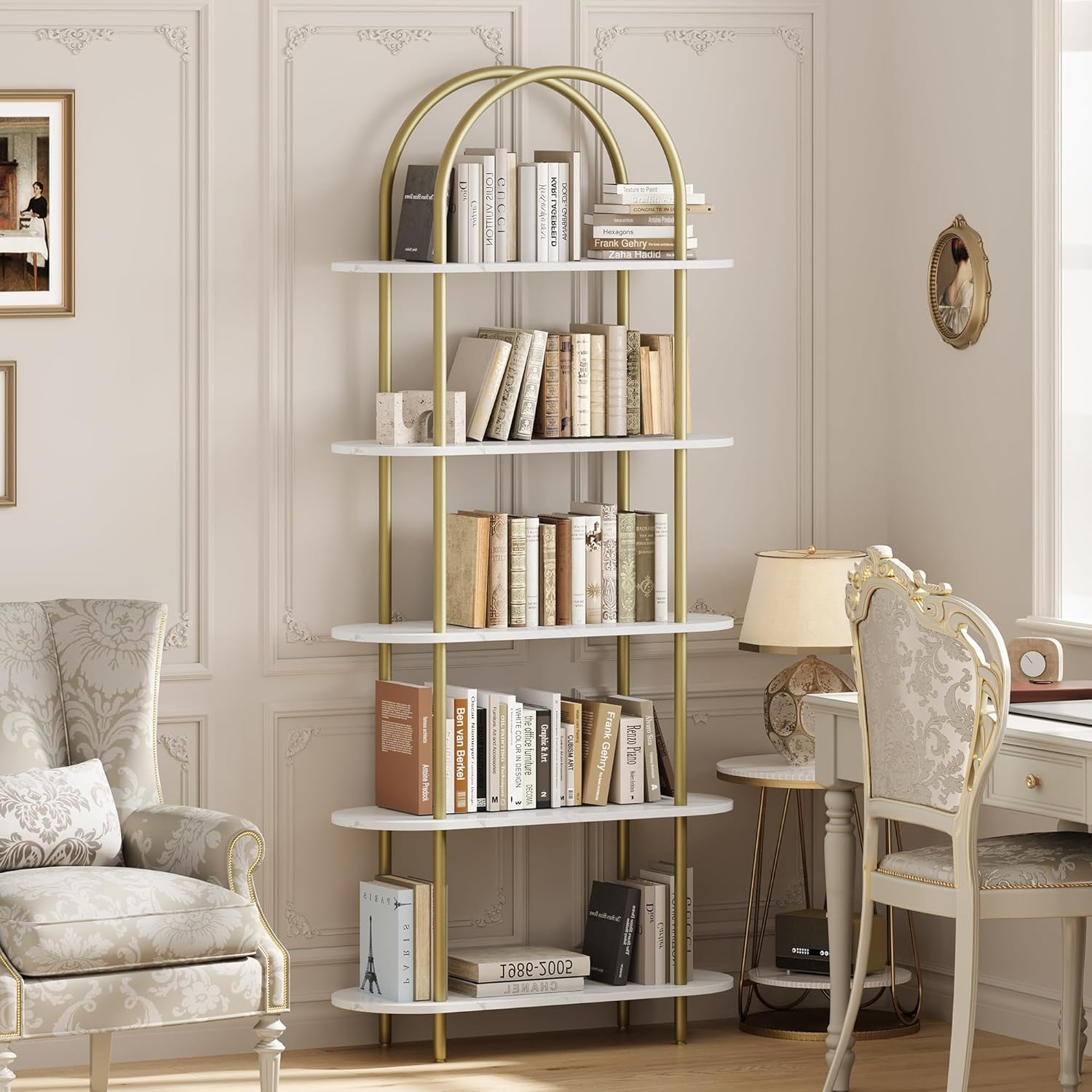5-Tier Bookshelf Tall Arched Bookcase Metal Frame Modern Display Racks ...