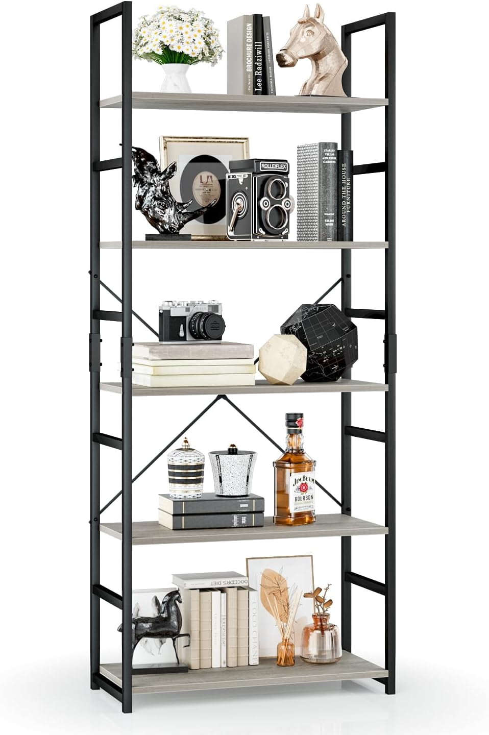 5 Tier Bookshelf, Tall Bookcase, Office Shelf Storage Organizer, Modern ...