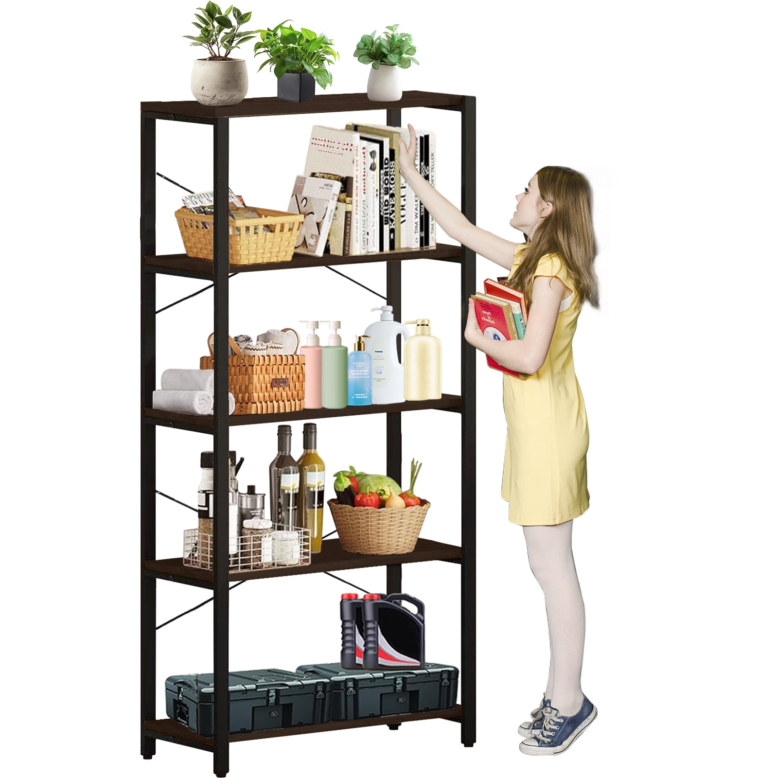 5 Tier Bookshelf, Tall Bookcase Shelf for CDs/Movies/Books, Home Office ...