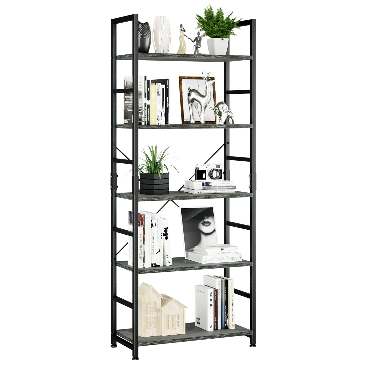 5 Tier Bookshelf, Tall Bookcase Shelf Storage Organizer, Modern Book ...