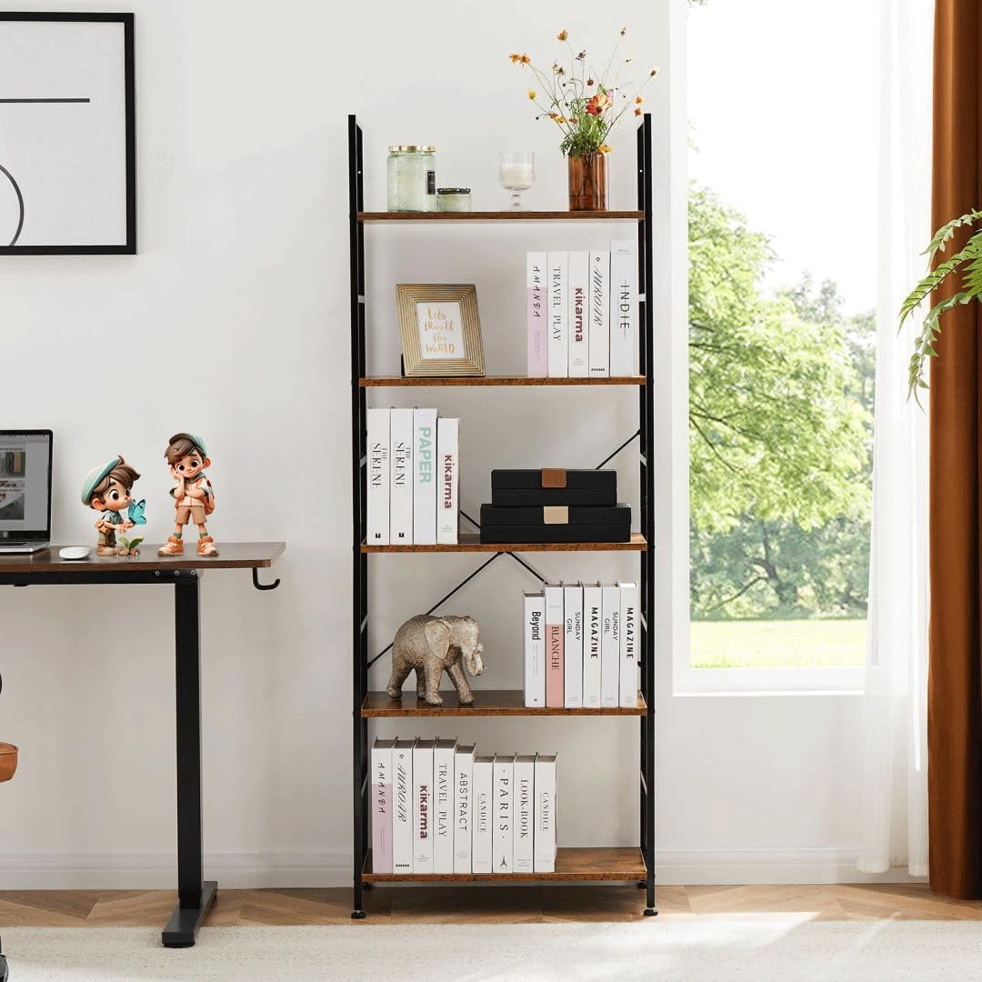 5 Tier Bookshelf, Tall Bookcase, Wood Book Rack with Metal Frame for ...