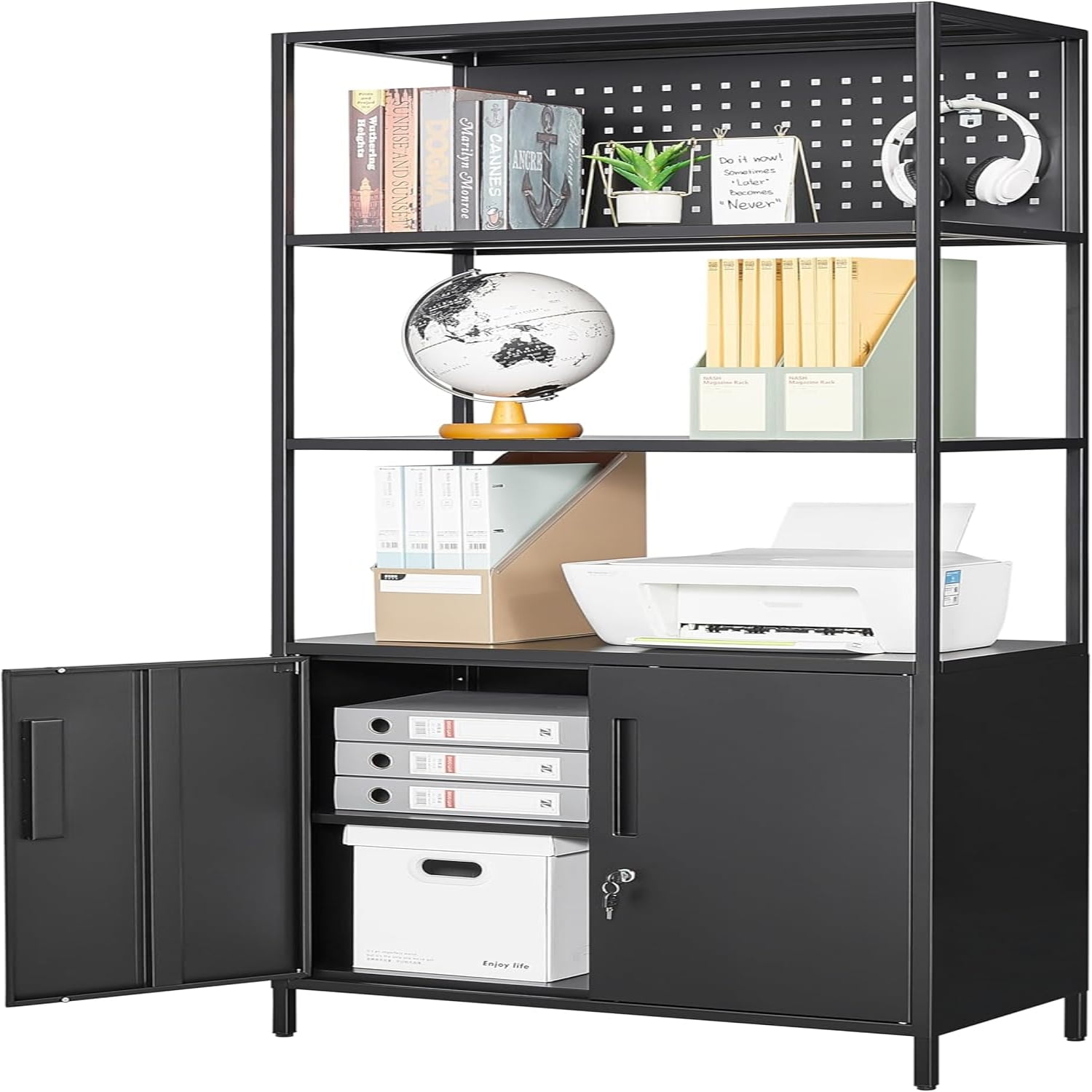 5-Tier Bookshelf Tall Bookcase with Doors Modern Display Cabinet with ...