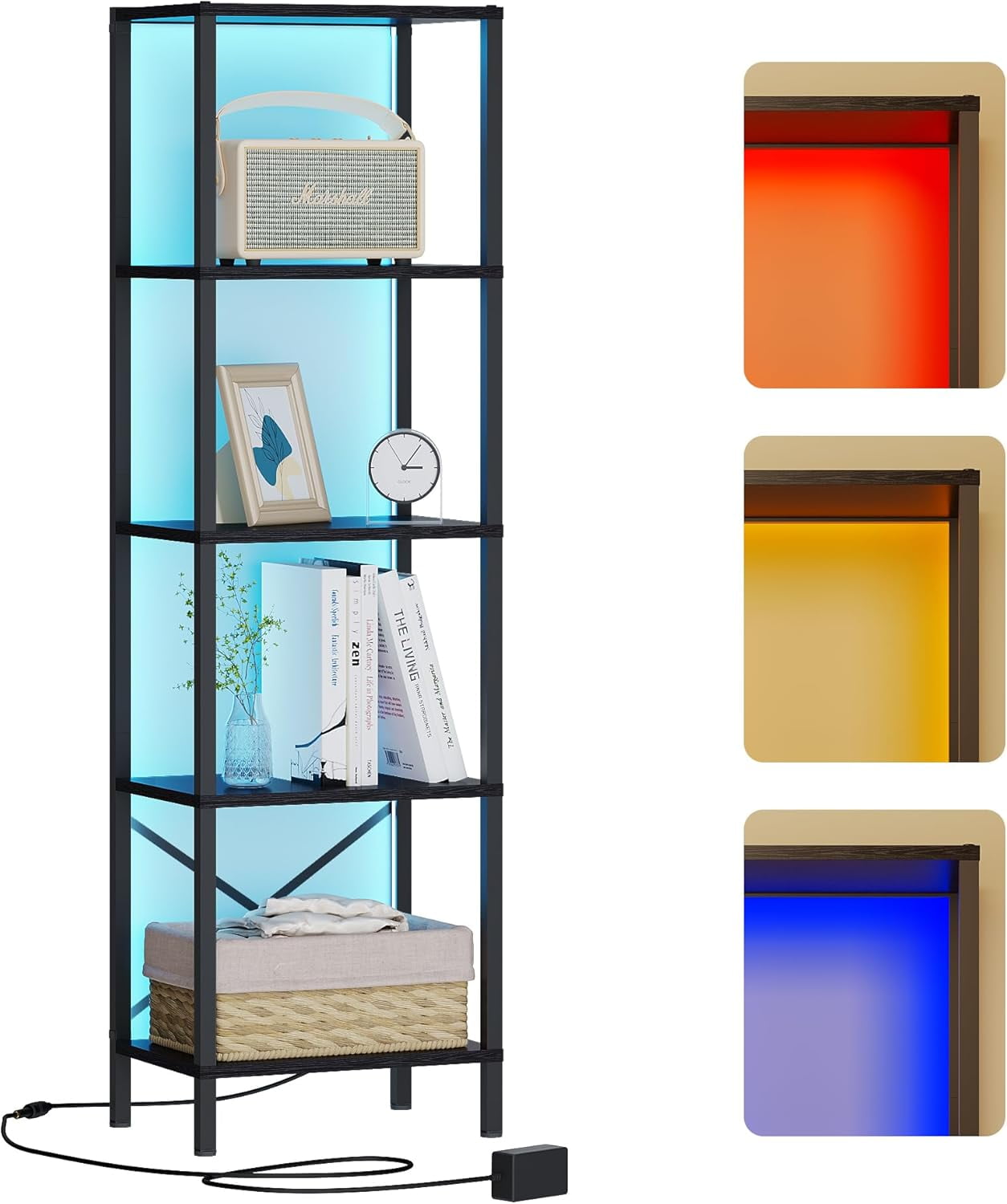 5-Tier Bookshelf, Tall Narrow Bookcase with LED Lights, Book Shelf with ...