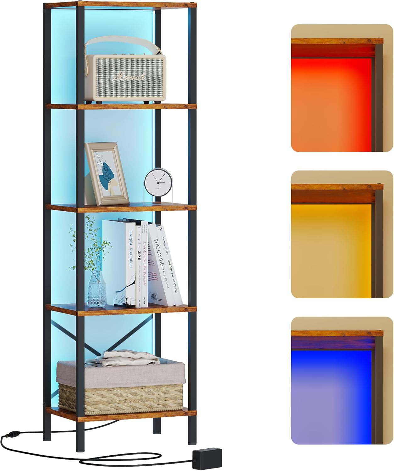 5-Tier Bookshelf, Tall Narrow Bookcase with LED Lights, Book Shelf with ...