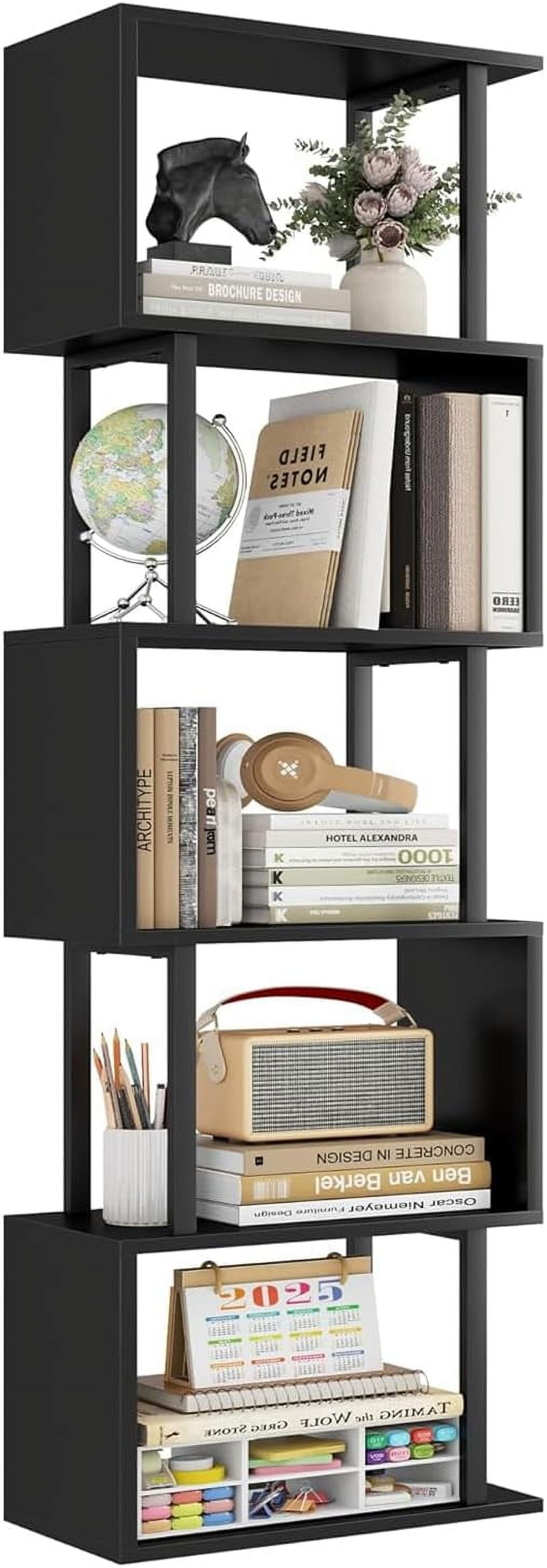 5-Tier Bookshelf, Tall S-Shaped Geometric Bookcase, Wood and Metal Decorative Storage Shelving ...