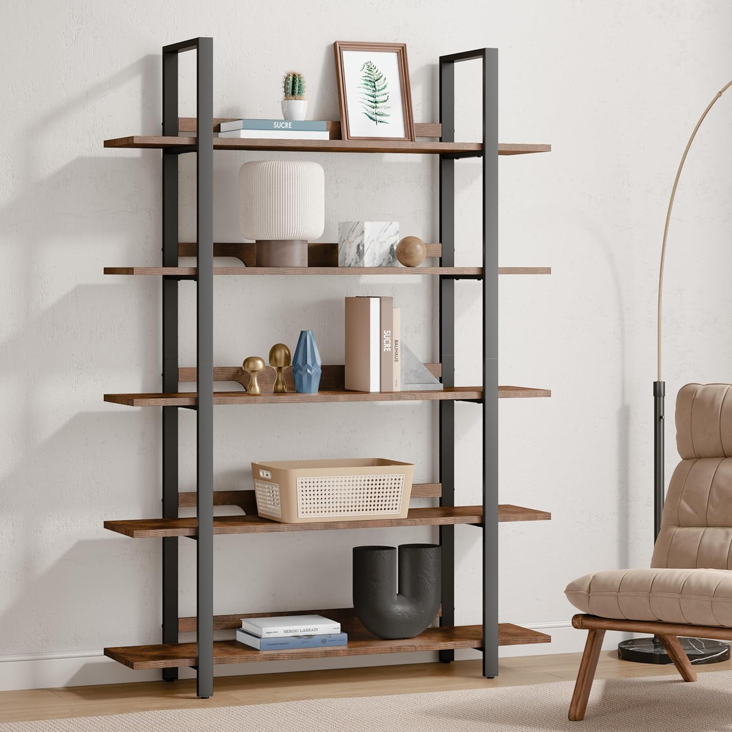 5-Tier Bookshelf, Vintage Industrial Style Bookcase with Reinforced ...