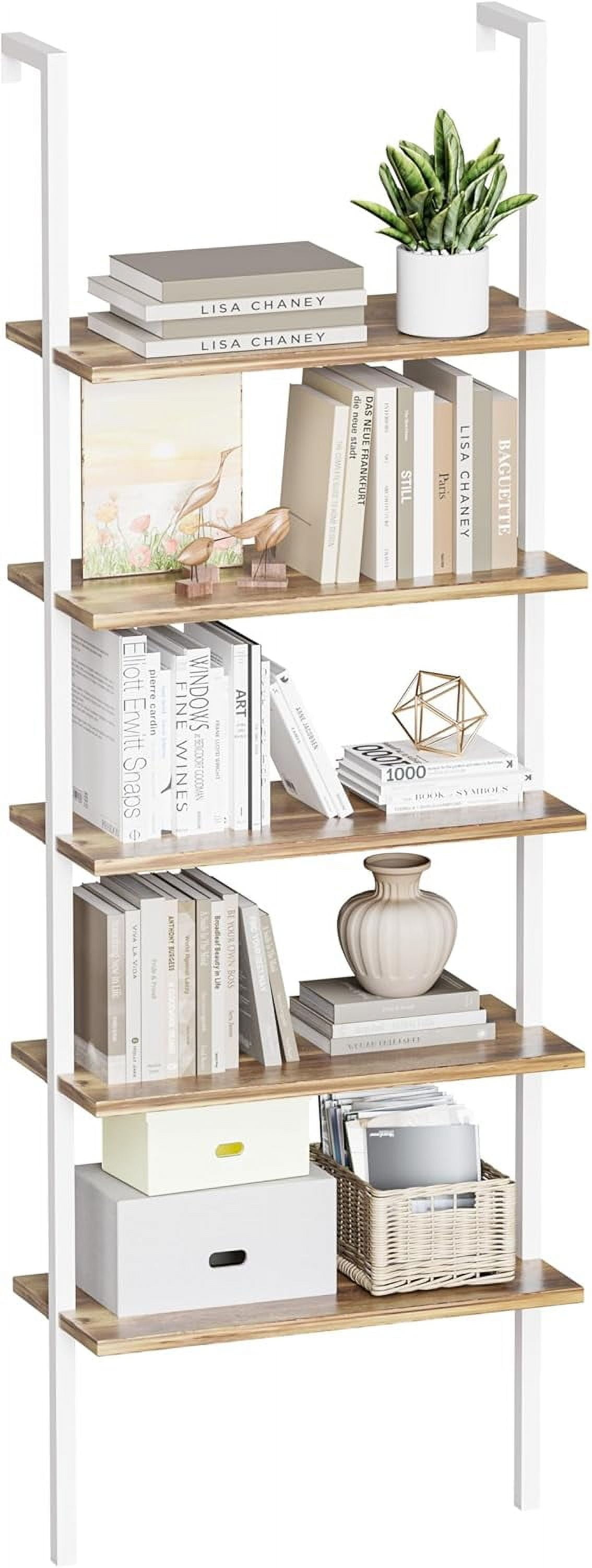 5-Tier Bookshelf, Wall Mount Ladder Shelf with Wood Board and ...