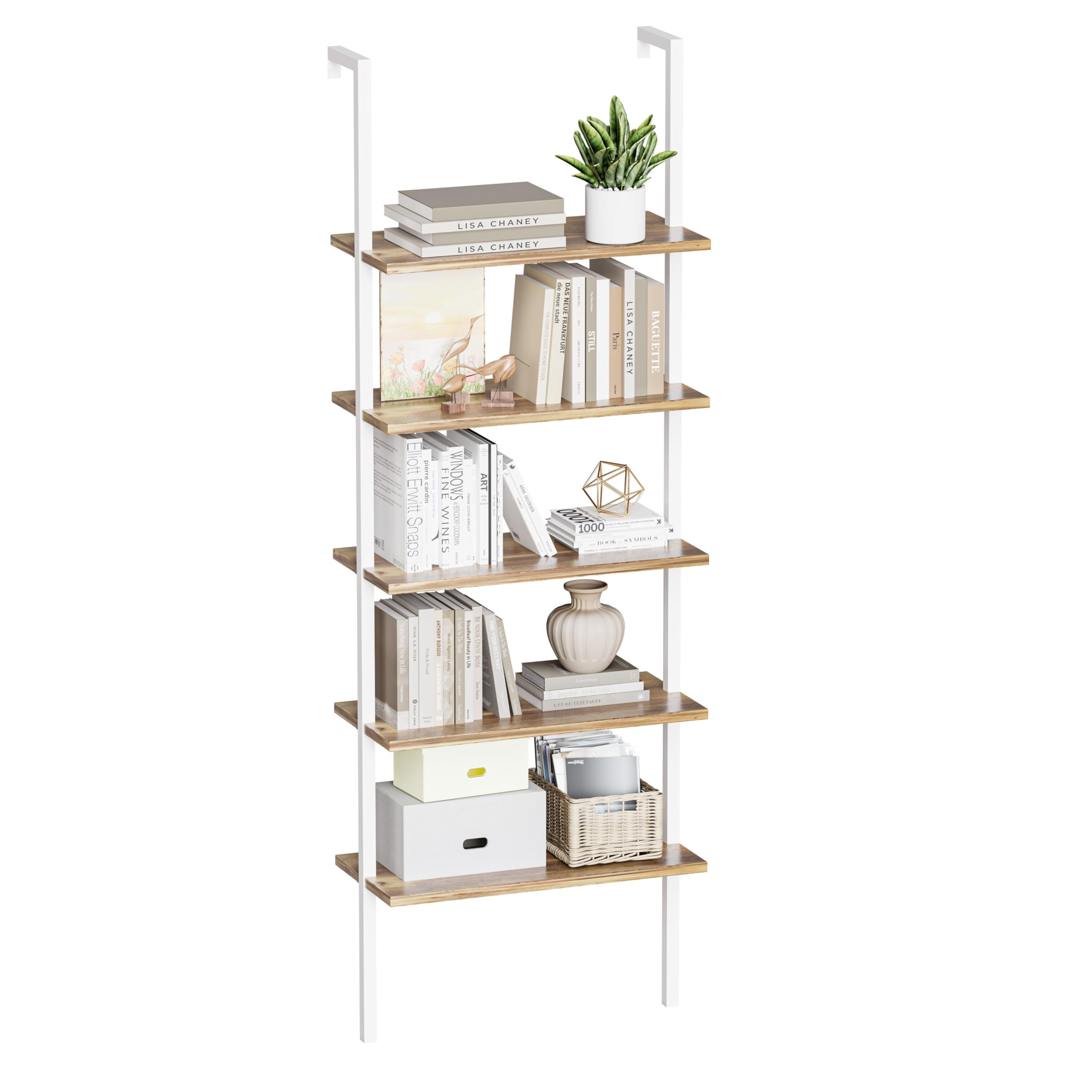 5 Tier Bookshelf Wall Mounted Ladder Shelf with Solid Wood Board and ...