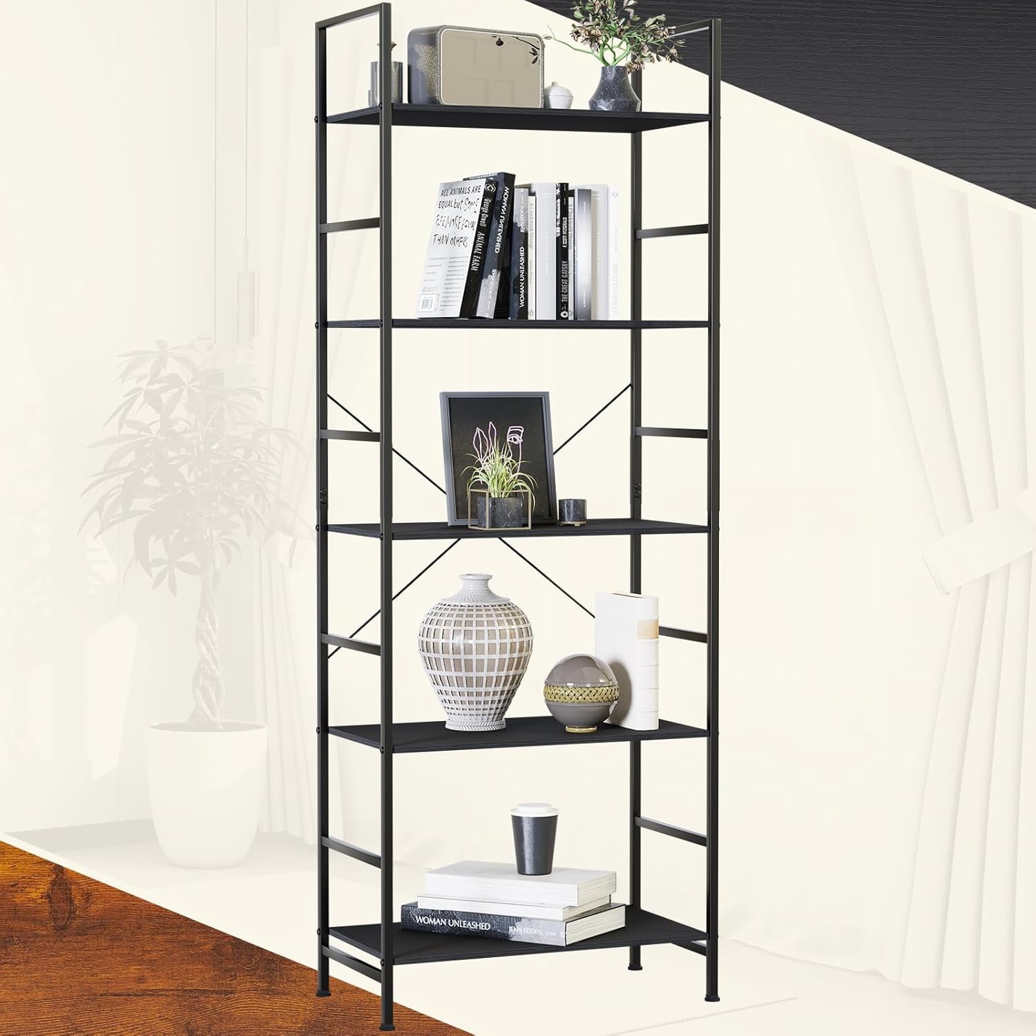 5 Tier Bookshelf Wall Shelves Ladder Bookcase with Open Storage Display ...
