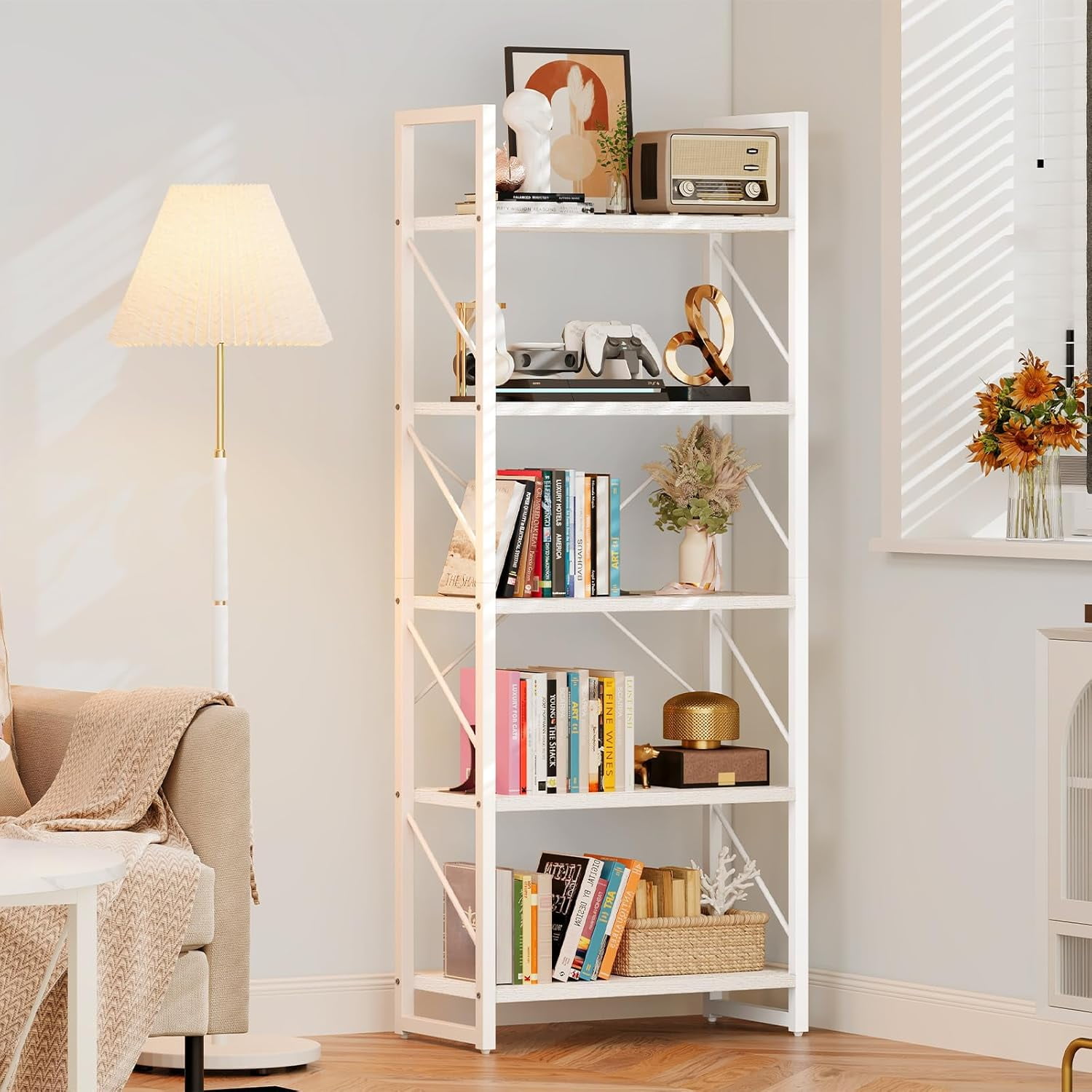 5 Tier Bookshelf, White Book Shelf Modern Bookcase, Display Rack Book ...