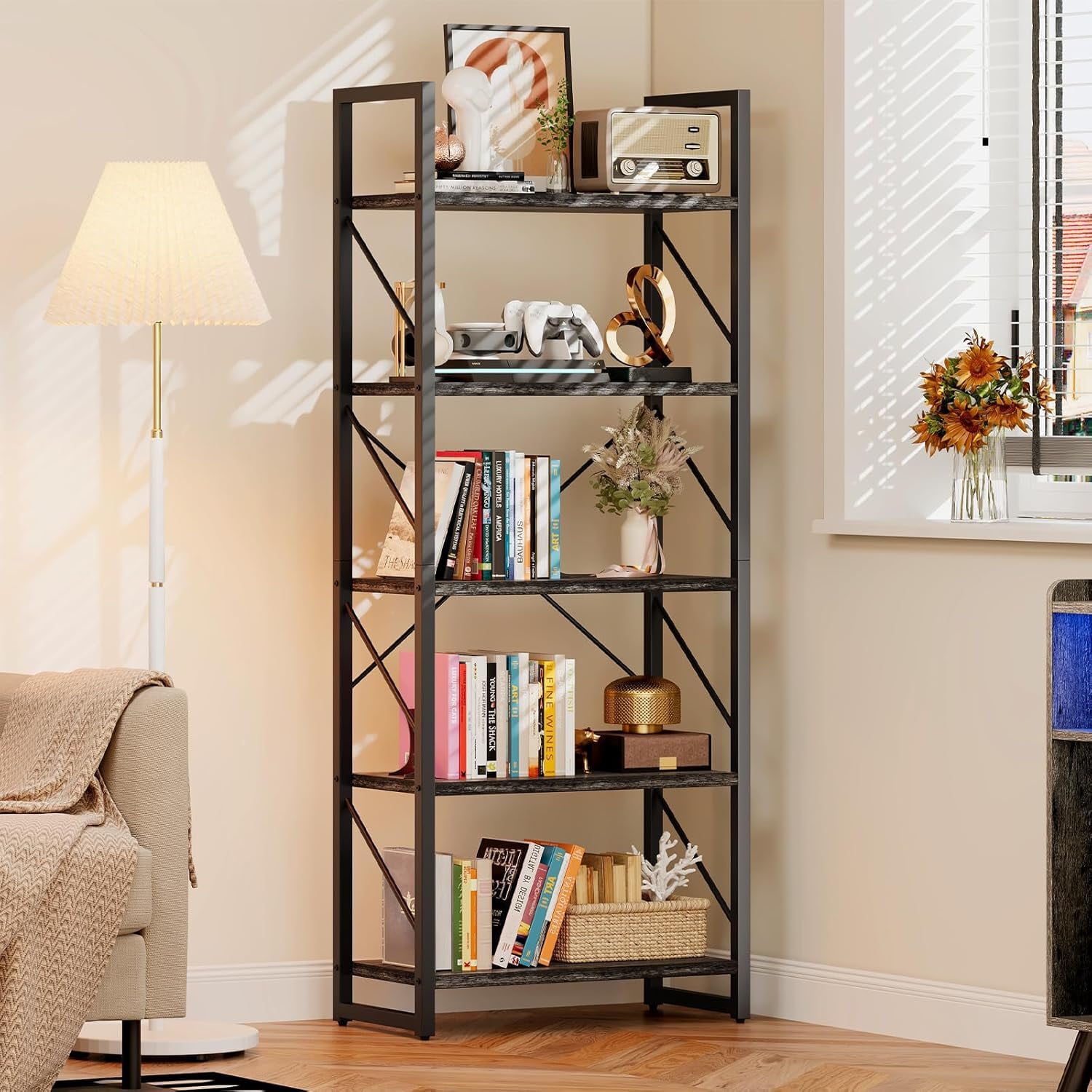 5 Tier Bookshelf, White Book Shelf Modern Bookcase, Display Rack Book ...