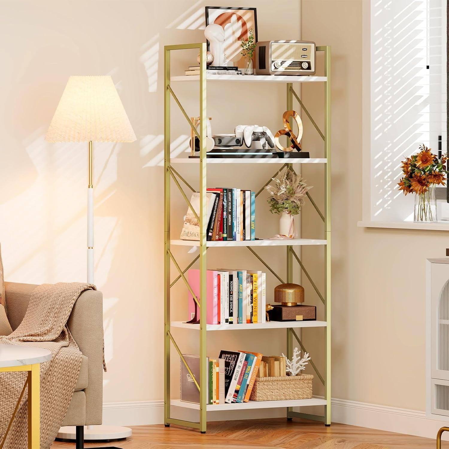 5 Tier Bookshelf, White Book Shelf Modern Bookcase, Display Rack Book ...