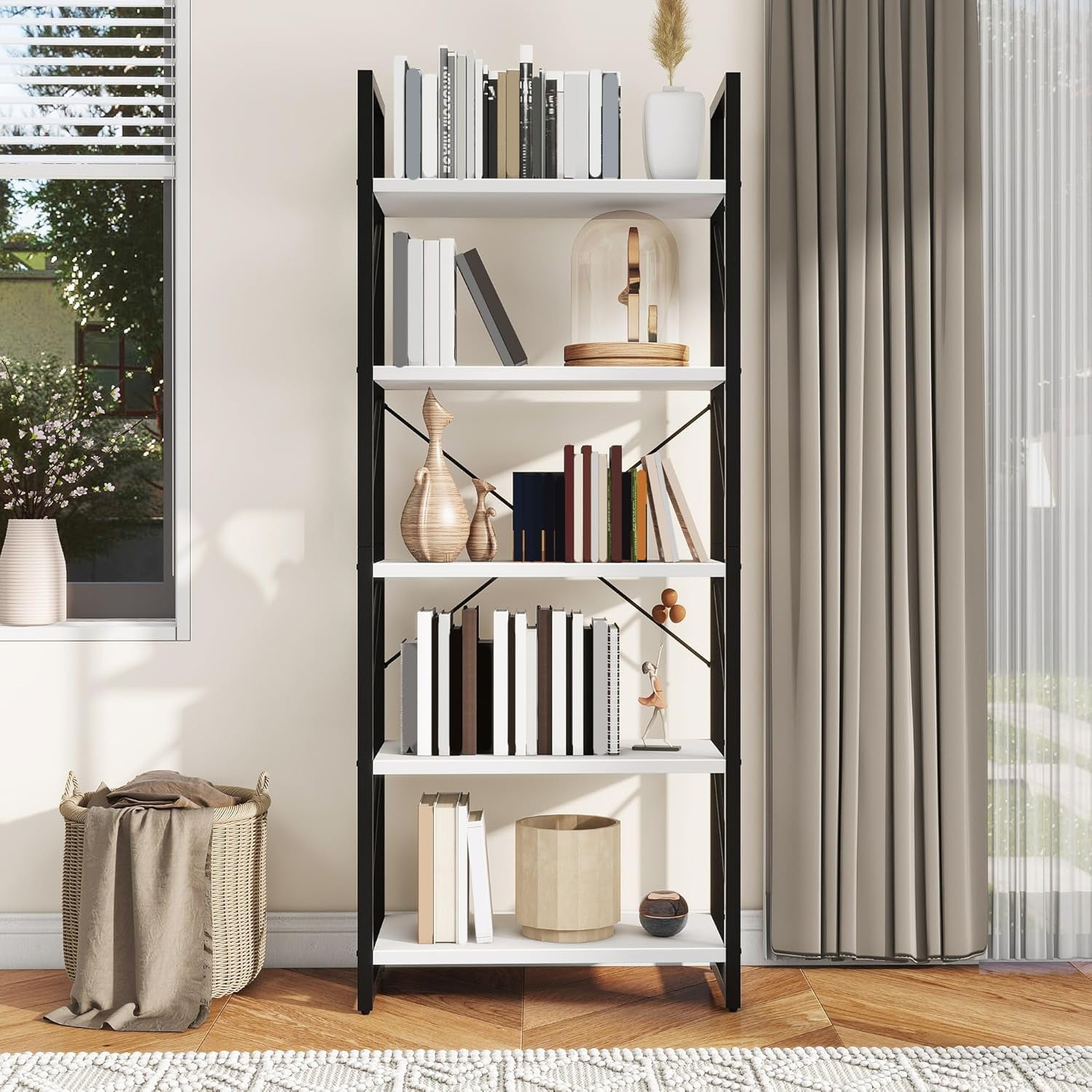 5 Tier Bookshelf, White Bookcase Storage Organizer - Modern Book Shelf ...