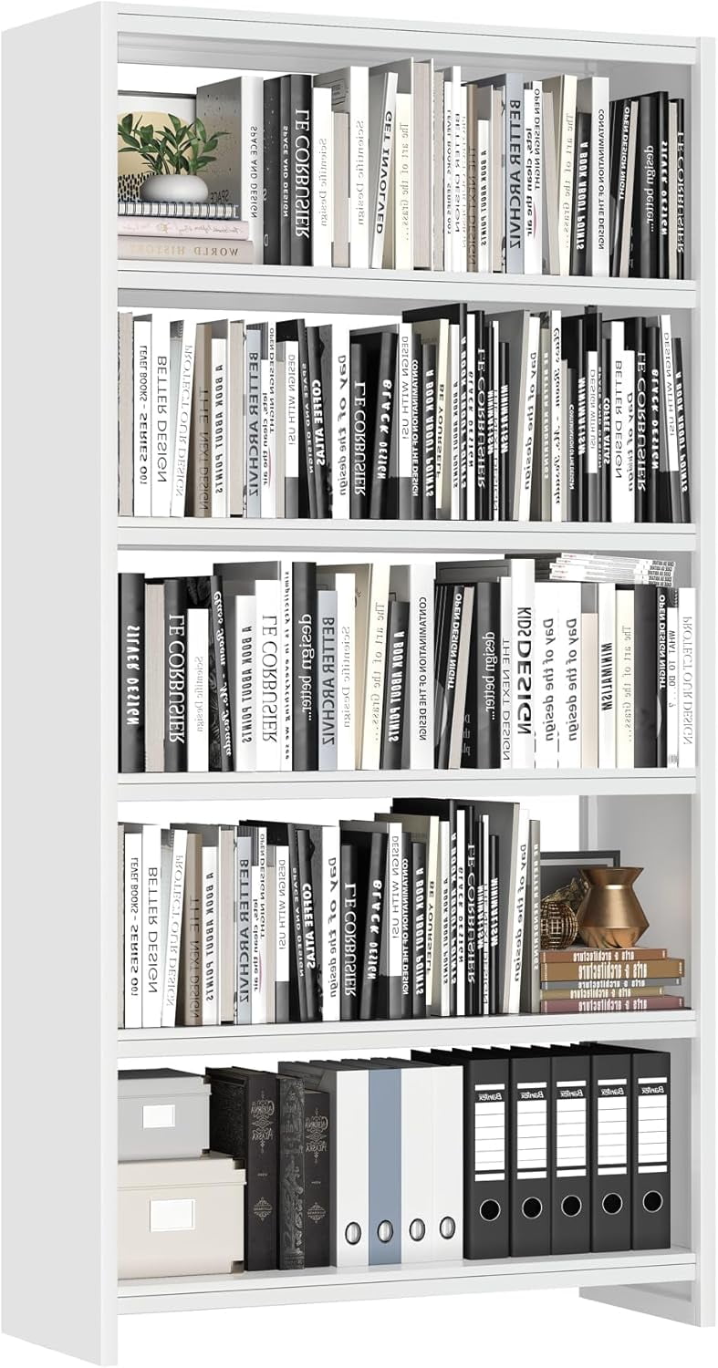 5-Tier Bookshelf, White Bookshelf with Storage Shelves, Metal ...