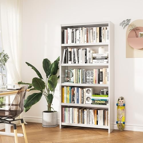 5-Tier Bookshelf, White Tall Bookshelves, Metal Modern Display ...