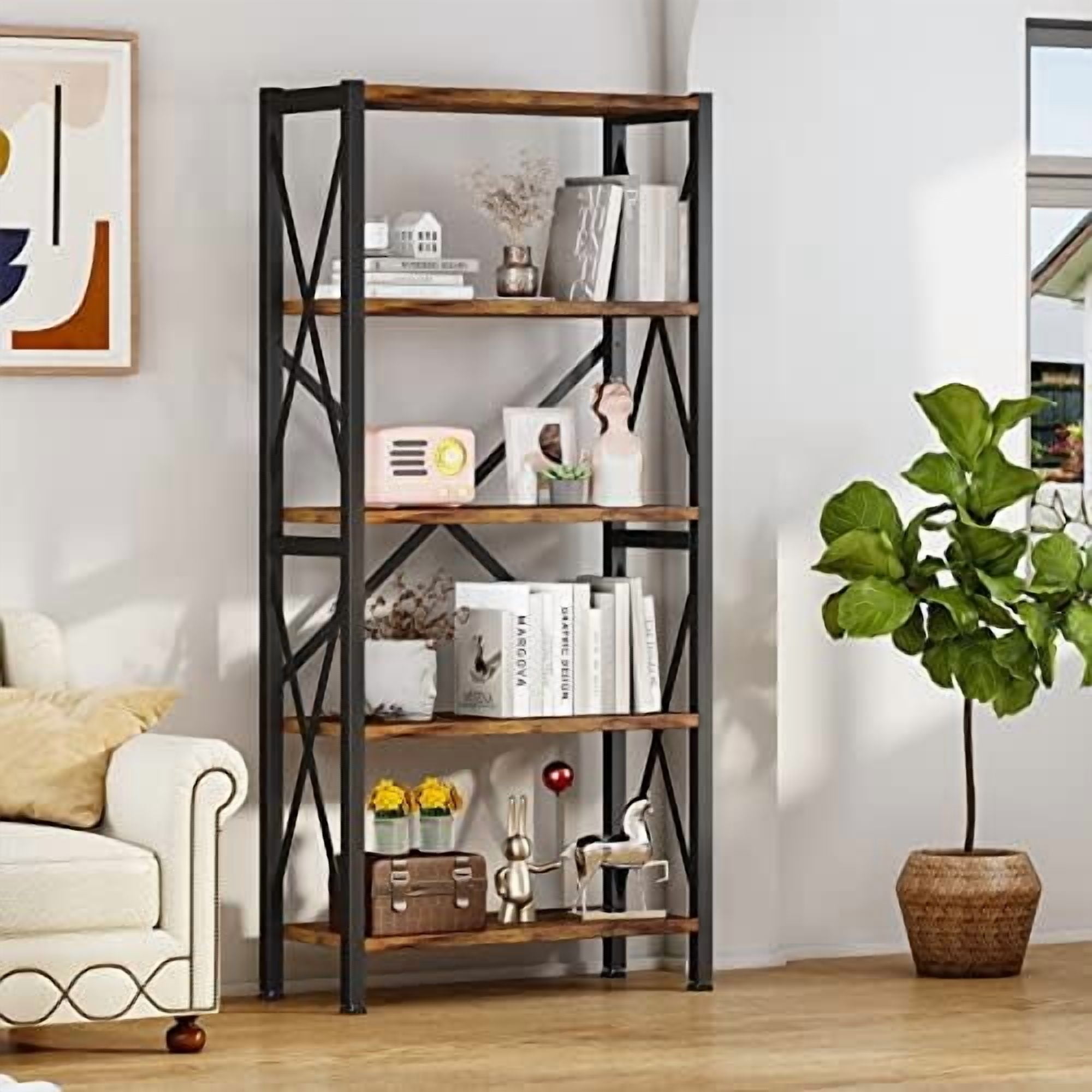 5-Tier Bookshelf,Wood Bookcase,Book Shelf with Steel Frame, Storage ...
