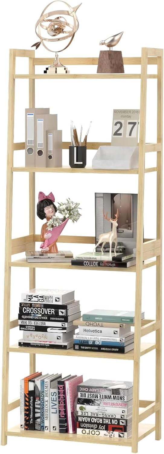 5-Tier Bookshelf Yellow - Modern Ladder Bookcase Storage Organizer ...