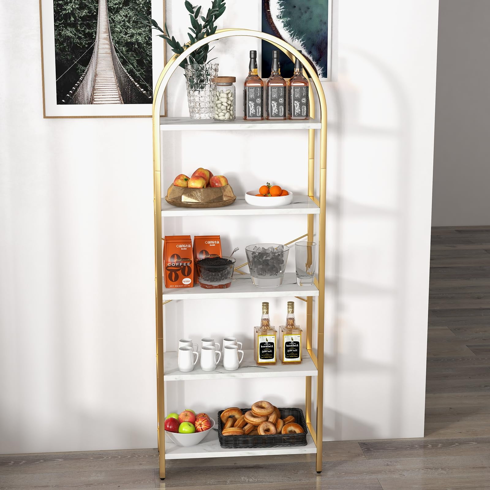 5-Tier Bookshelf with Arched Top, Gold Metal Frame & Marble Pattern ...
