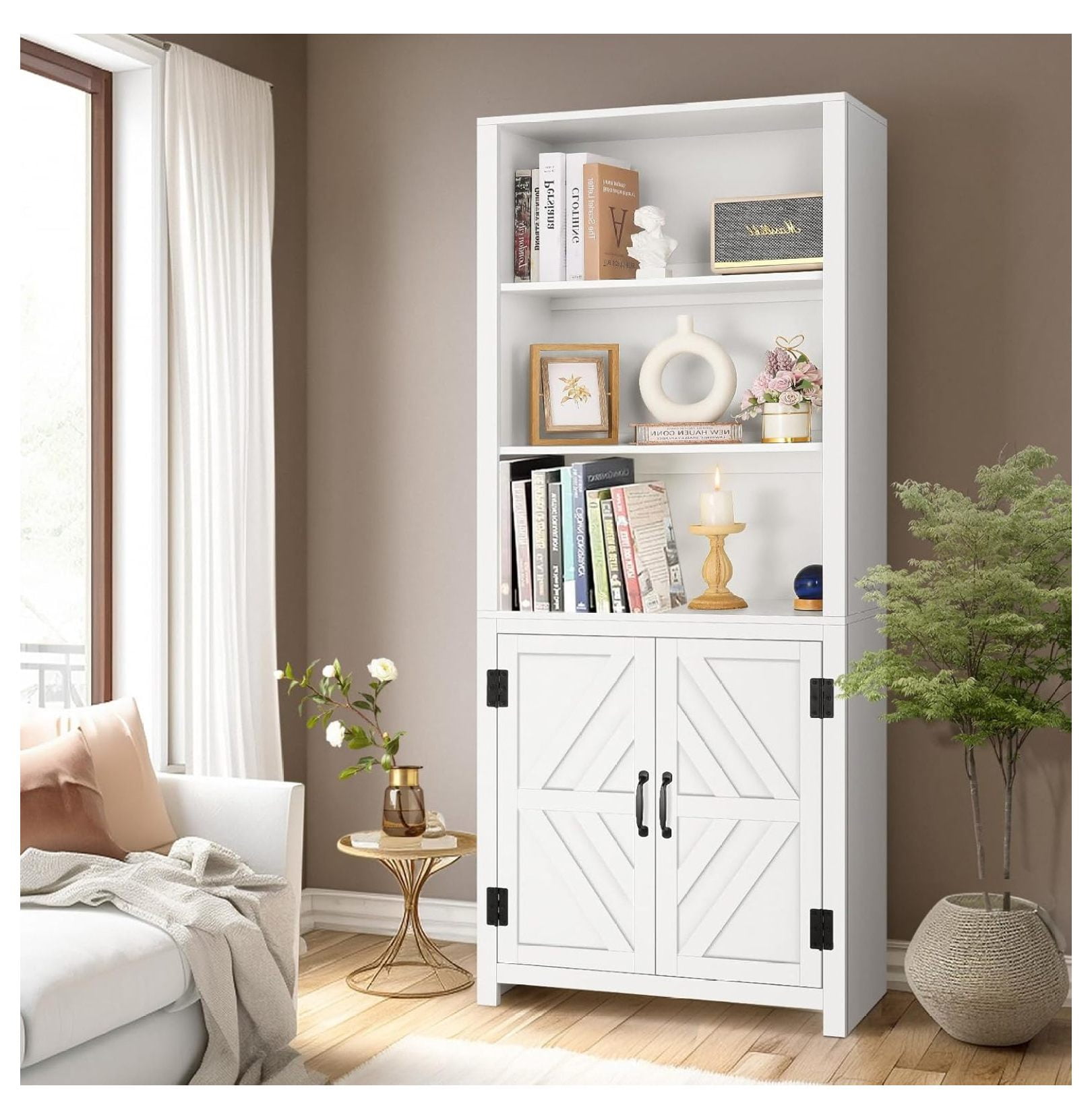 5 Tier Bookshelf with Doors, Tall Bookcase Storage, Farmhouse ...