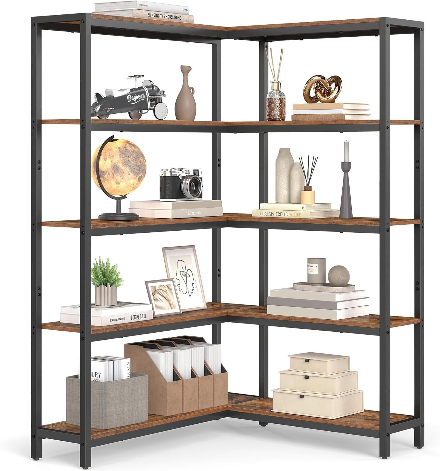 5 Tier Bookshelf with Frame, Convertible Industrial Corner Shelf, 9.4 x ...