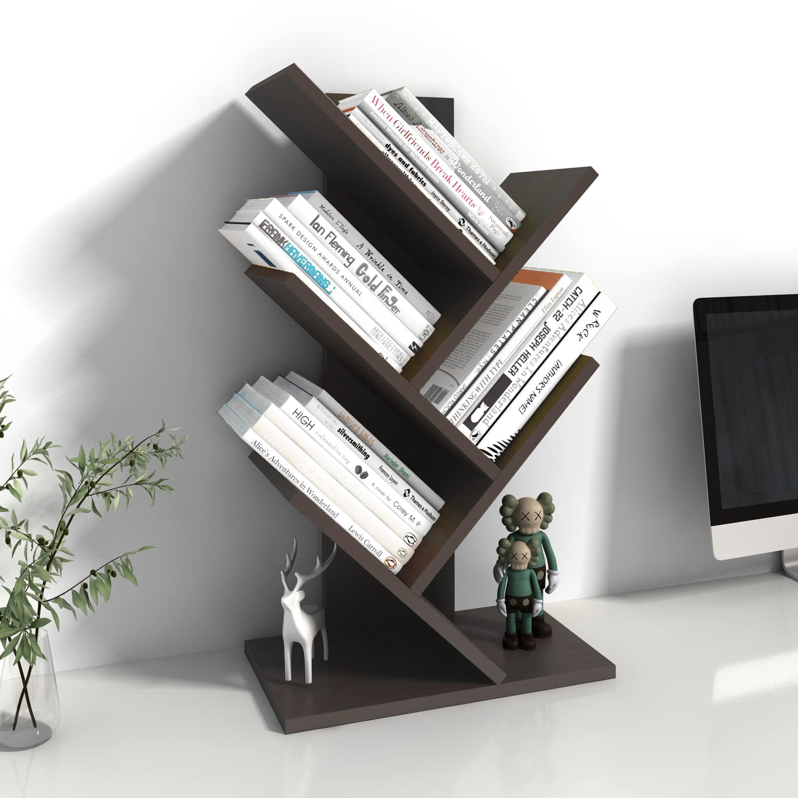 5-Tier Brown Geometric Tree Bookshelf For Office Home Desktop ...