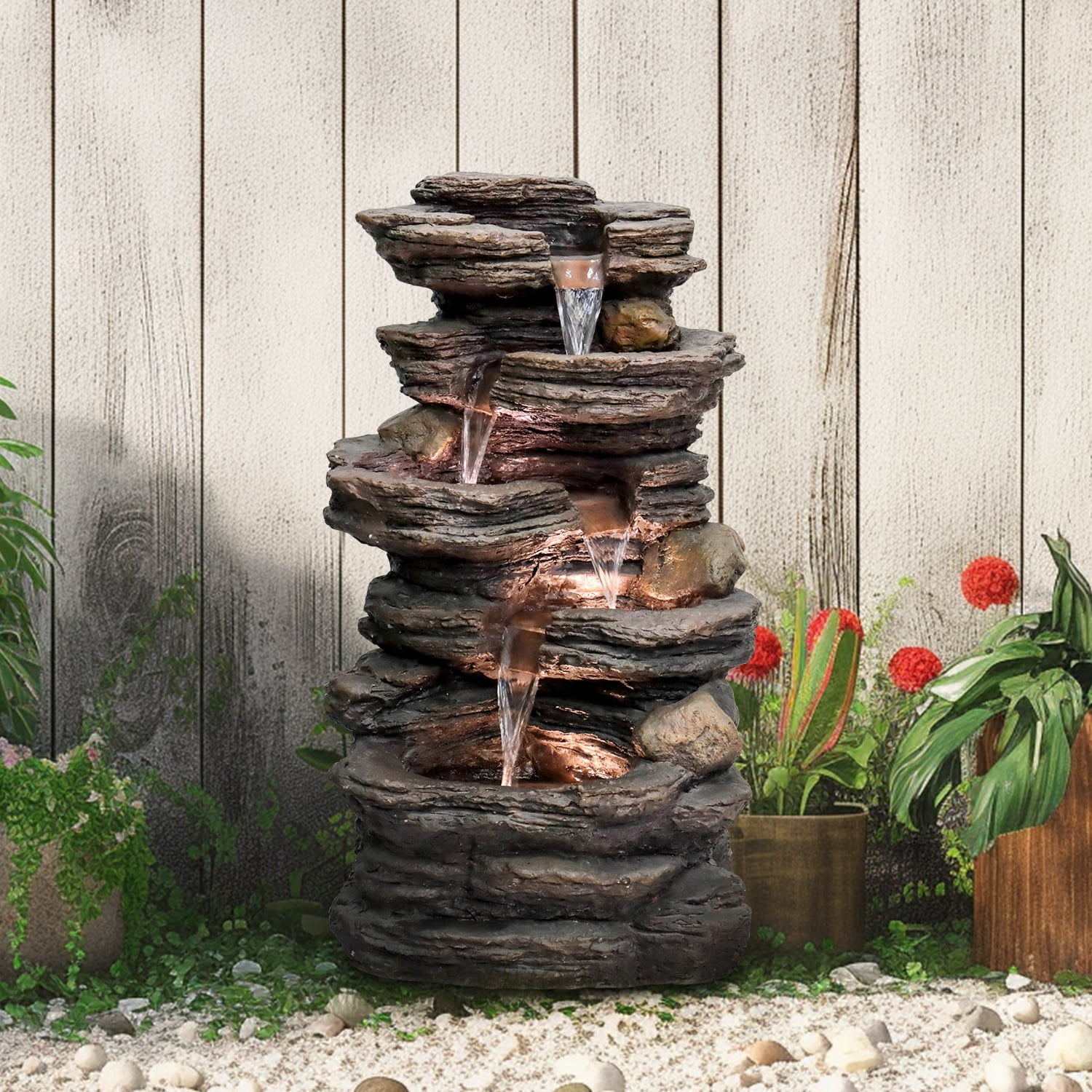 5 Tier Cascading Rock Water Fountain Outdoor Garden Waterfall Decor for ...