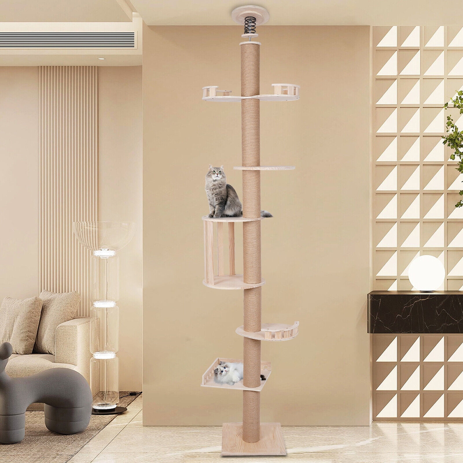 5-Tier Ceiling-Mounted Cat Tower, Pine Wood & Hemp Rope Scratching Post ...