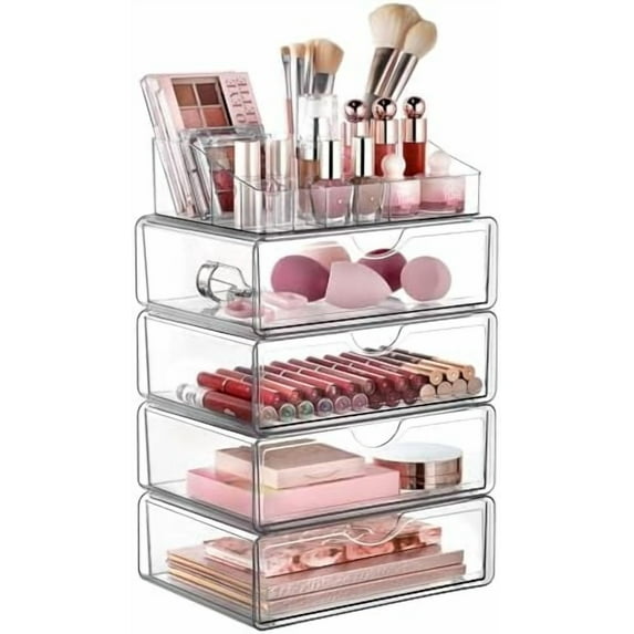 5 Tier Clear Makeup Organizer with Drawer, Cosmetic Storage for Dresser ...