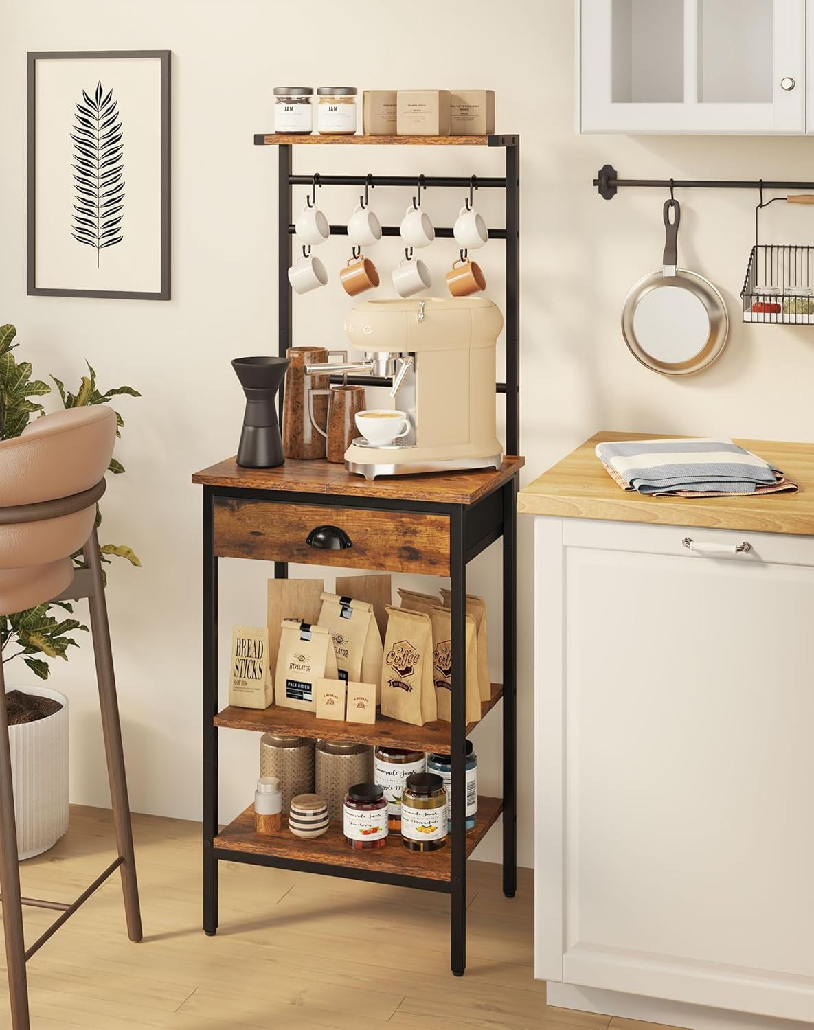 5 Tier Coffee Bar Station, Coffee Stand with Fabric Drawers, 8 S-Shaped ...