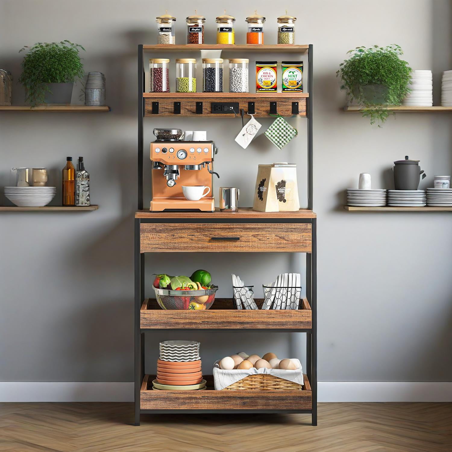 5 Tier Coffee Bar Station with Drawer, Farmhouse Corner Coffee Bar ...