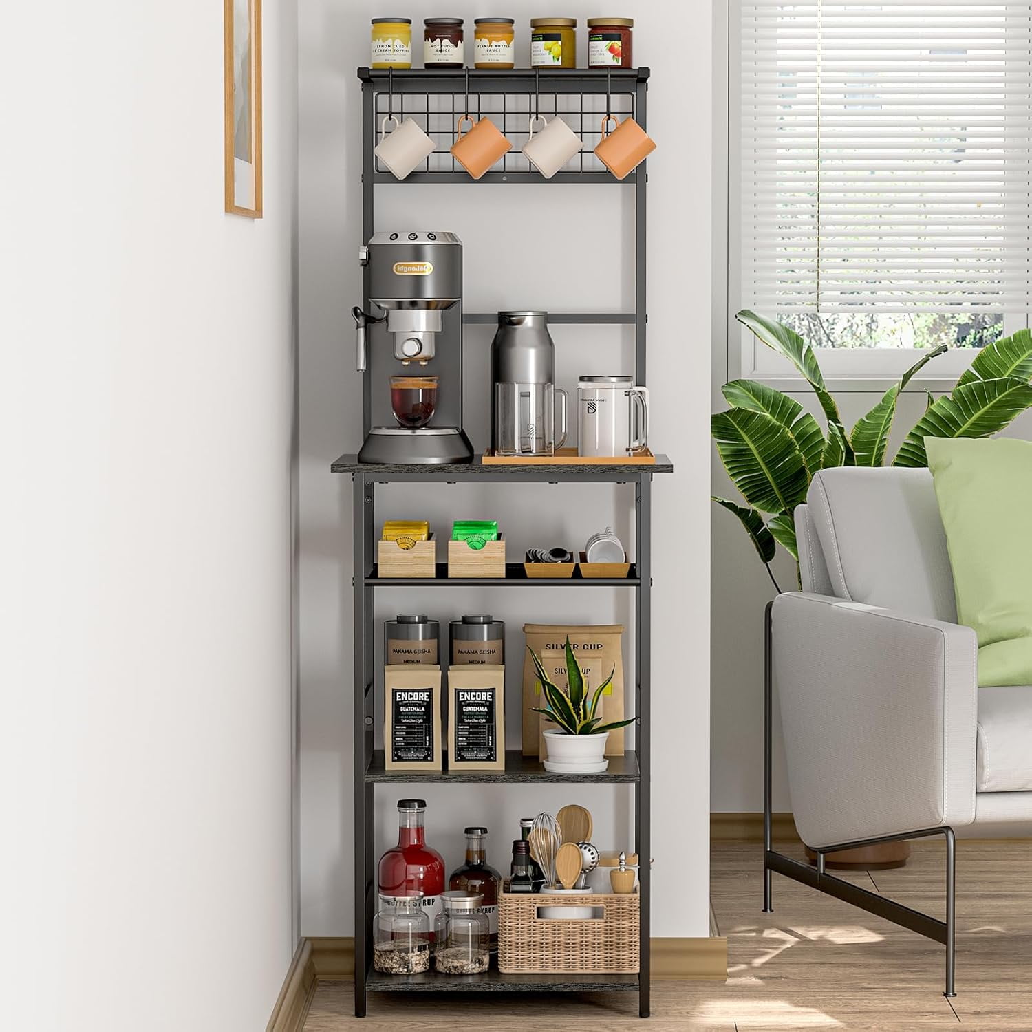 5 Tier Coffee Bar Station, Kitchen Stand with 4 S-Shaped Hooks ...