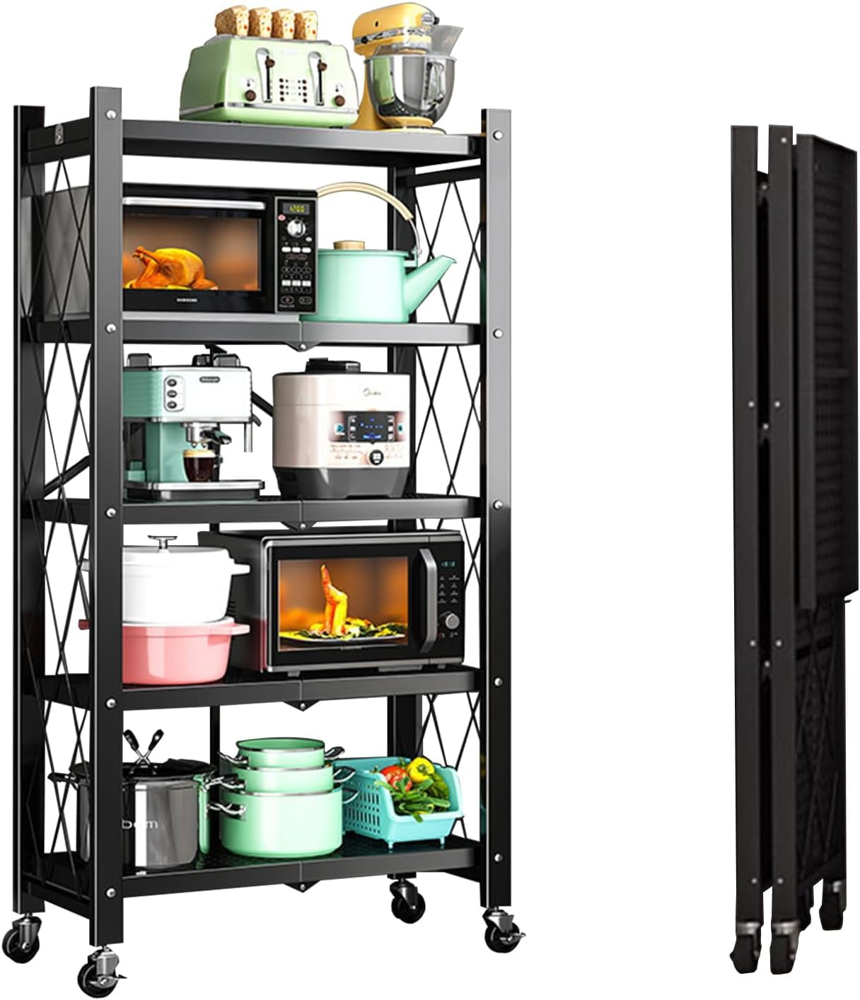 5- Tier Collapsible Stand Storage Shelf with Wheels, No Assembly Heavy ...