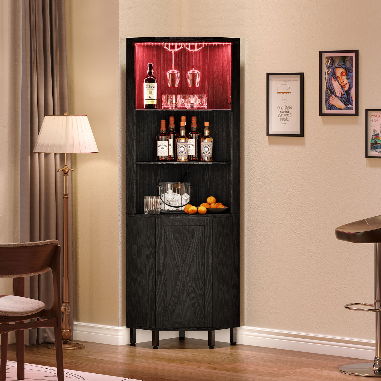 5 Tier Corner Bar Cabinet with LED Lights Tower Wine Liquor Storage ...