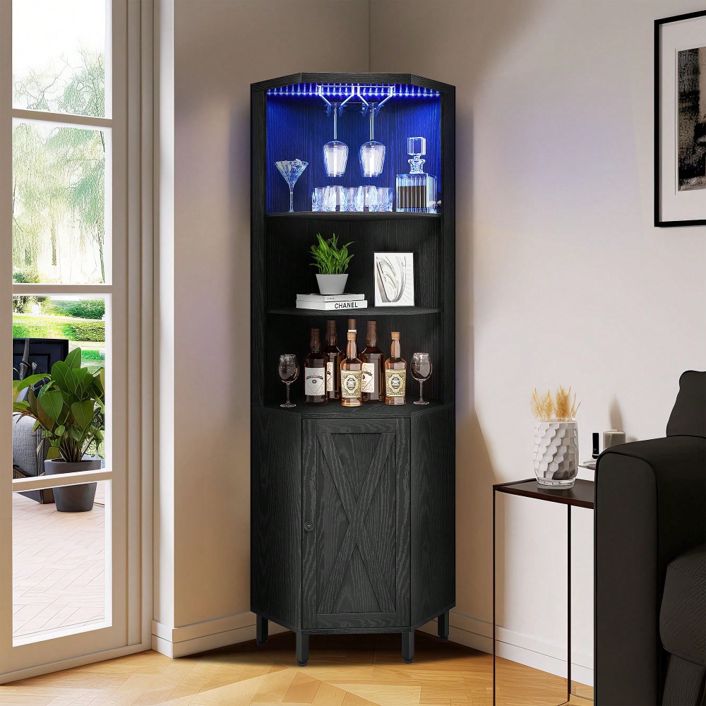 "5-Tier Corner Bar Cabinet with LED Lights - Wine Rack & Glass Holder ...