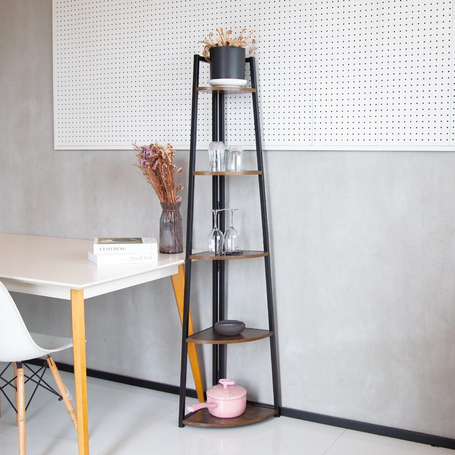 5-Tier Corner Book Shelf, 65 Inch Brown Vertical Storage Shelf, Corner ...