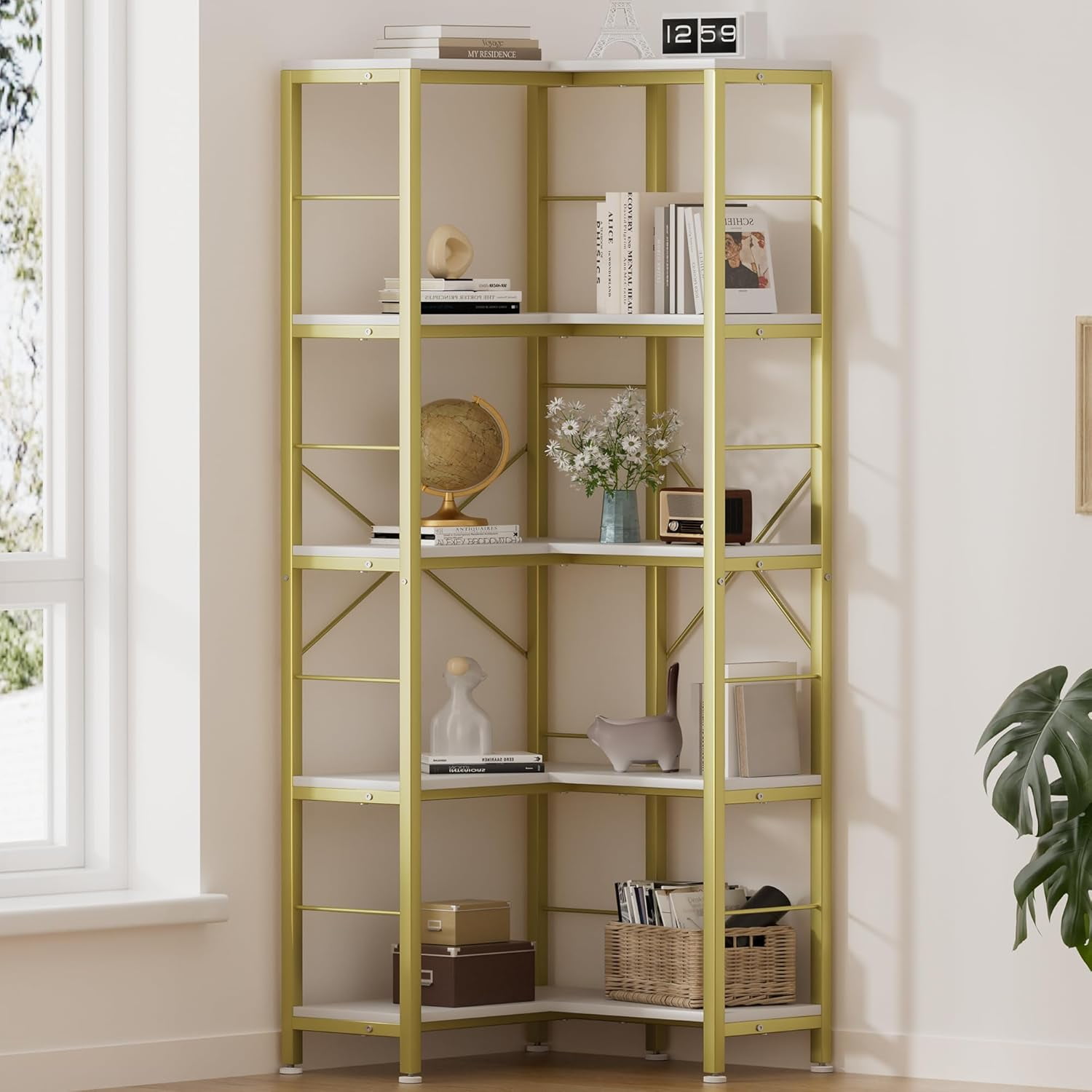 5-Tier Corner Bookshelf, 70.86" Tall Corner Bookcase,5-Shelf Industrial ...