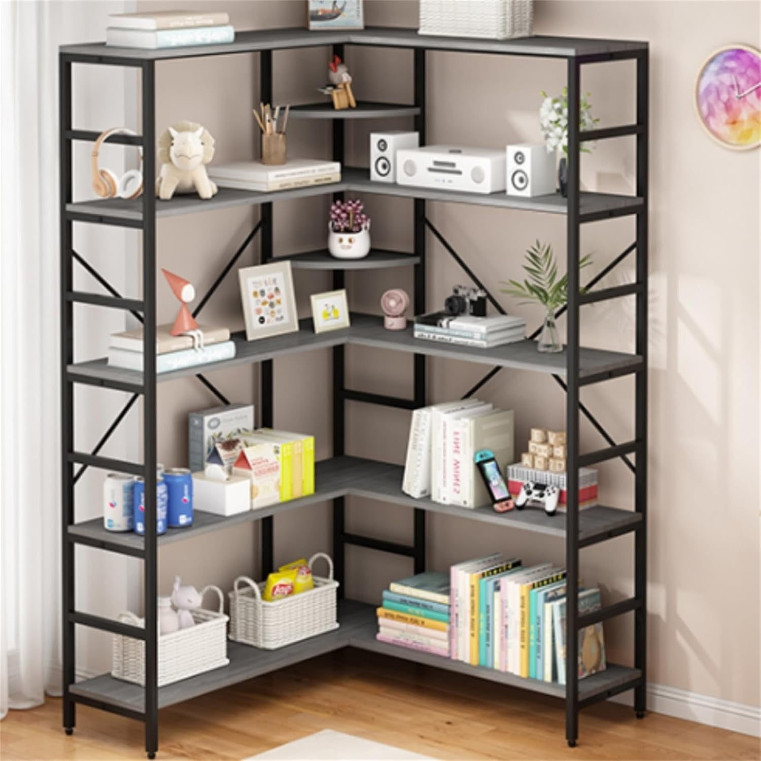 5 Tier Corner Bookshelf, 70"H L-Shape Corner Bookcase with Storage ...