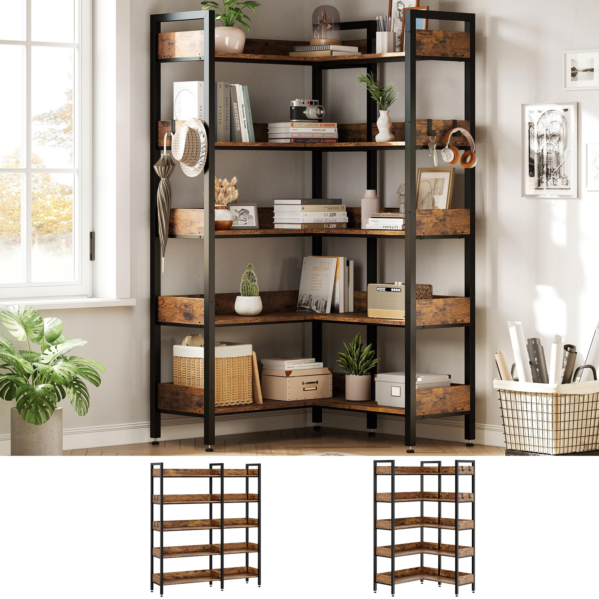 5-Tier Corner Bookshelf, Convertible Book Shelf with Storage, Tall ...