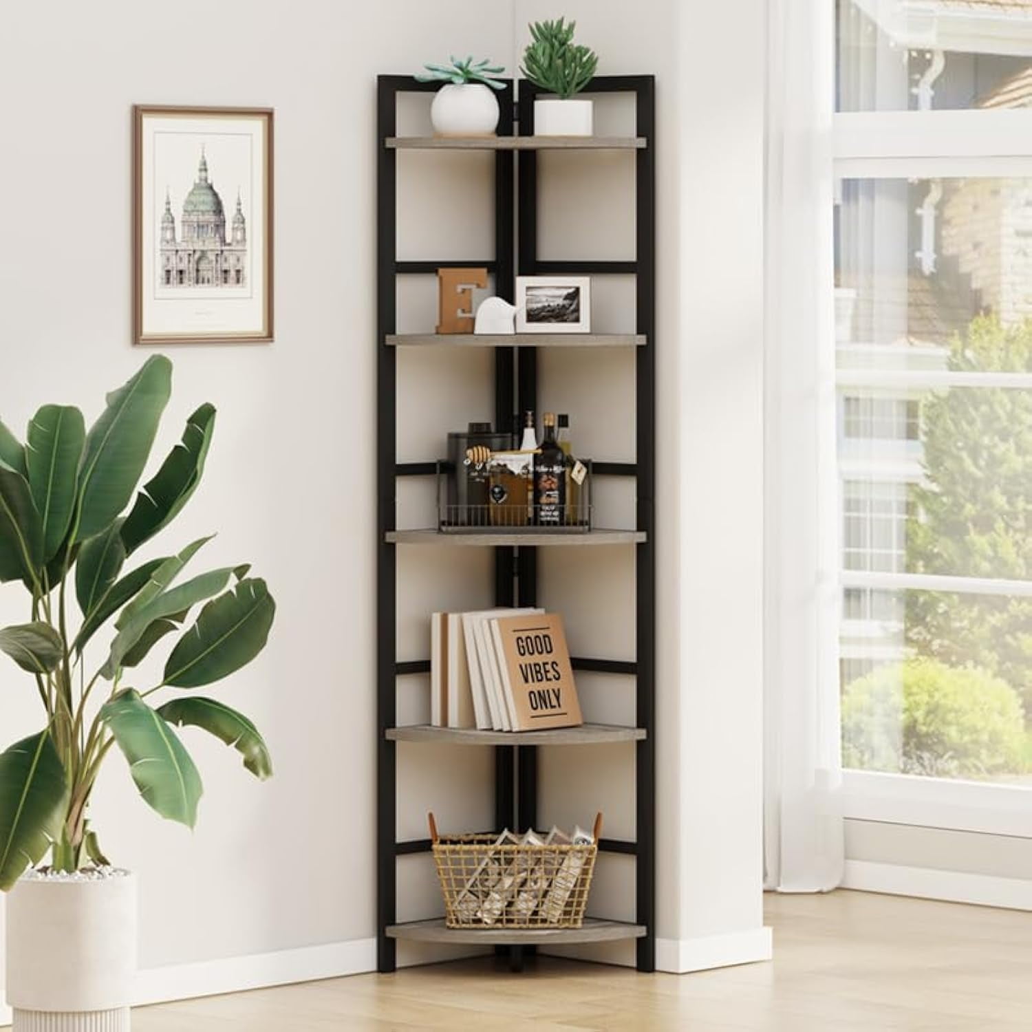 Corner Bookshelf Industrial Corner Shelf Stand Narrow Tall Wood ...
